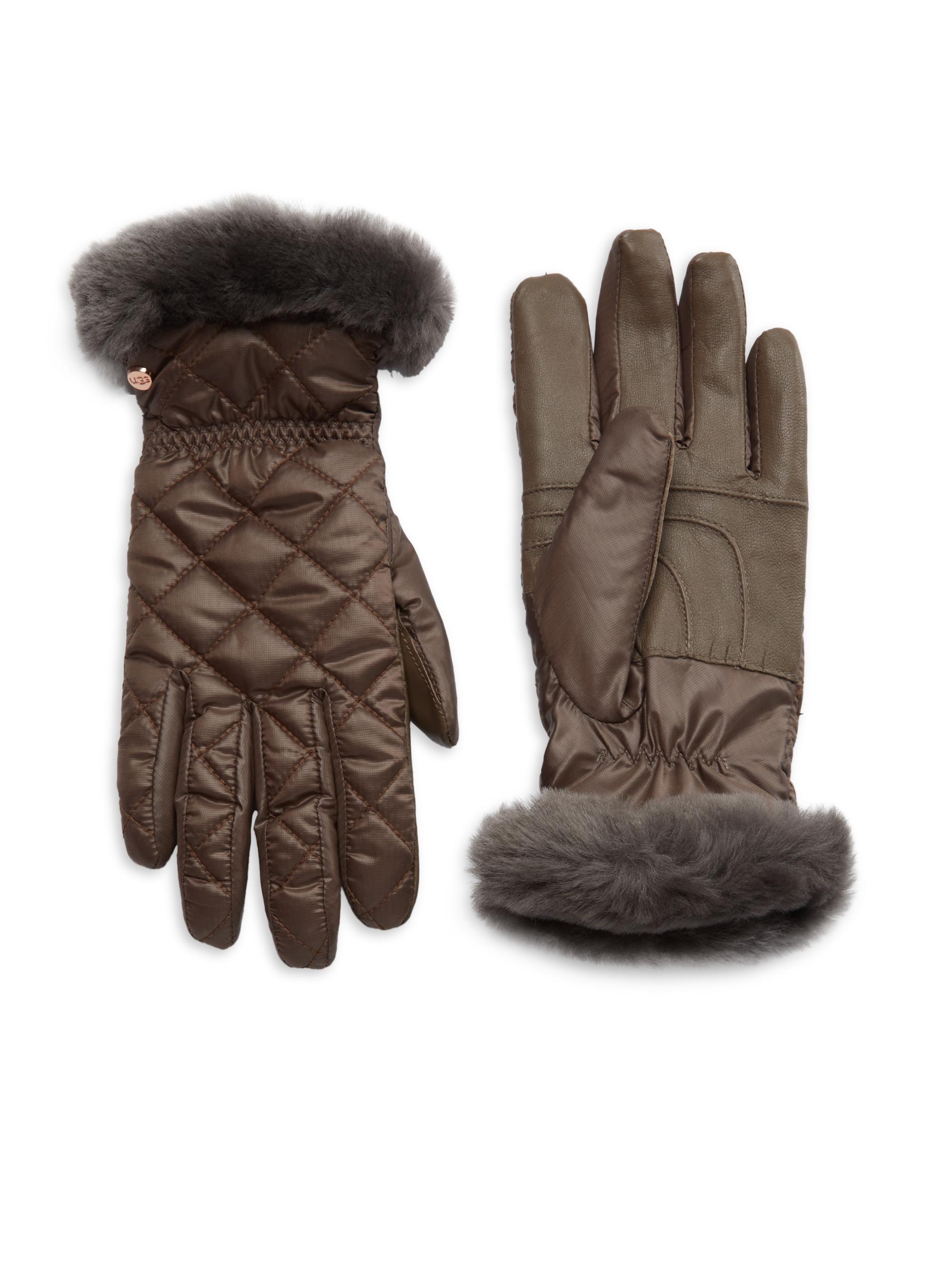 Click here for Ugg Womens Faux Fur Trim Quited Gloves - Stormy Gr... prices