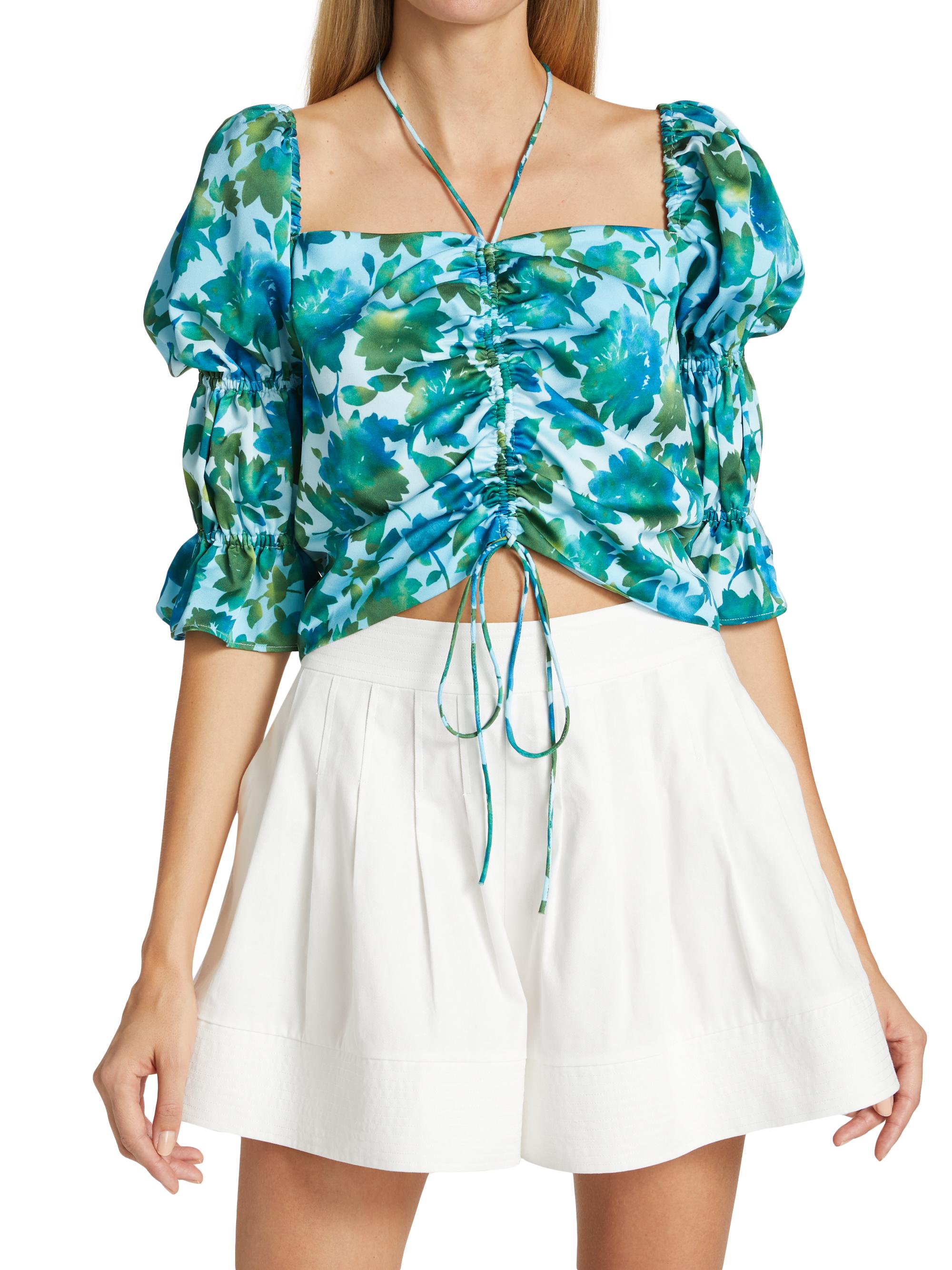 Click here for Amur Womens Raveena Puff-Sleeve Top - White Multi... prices