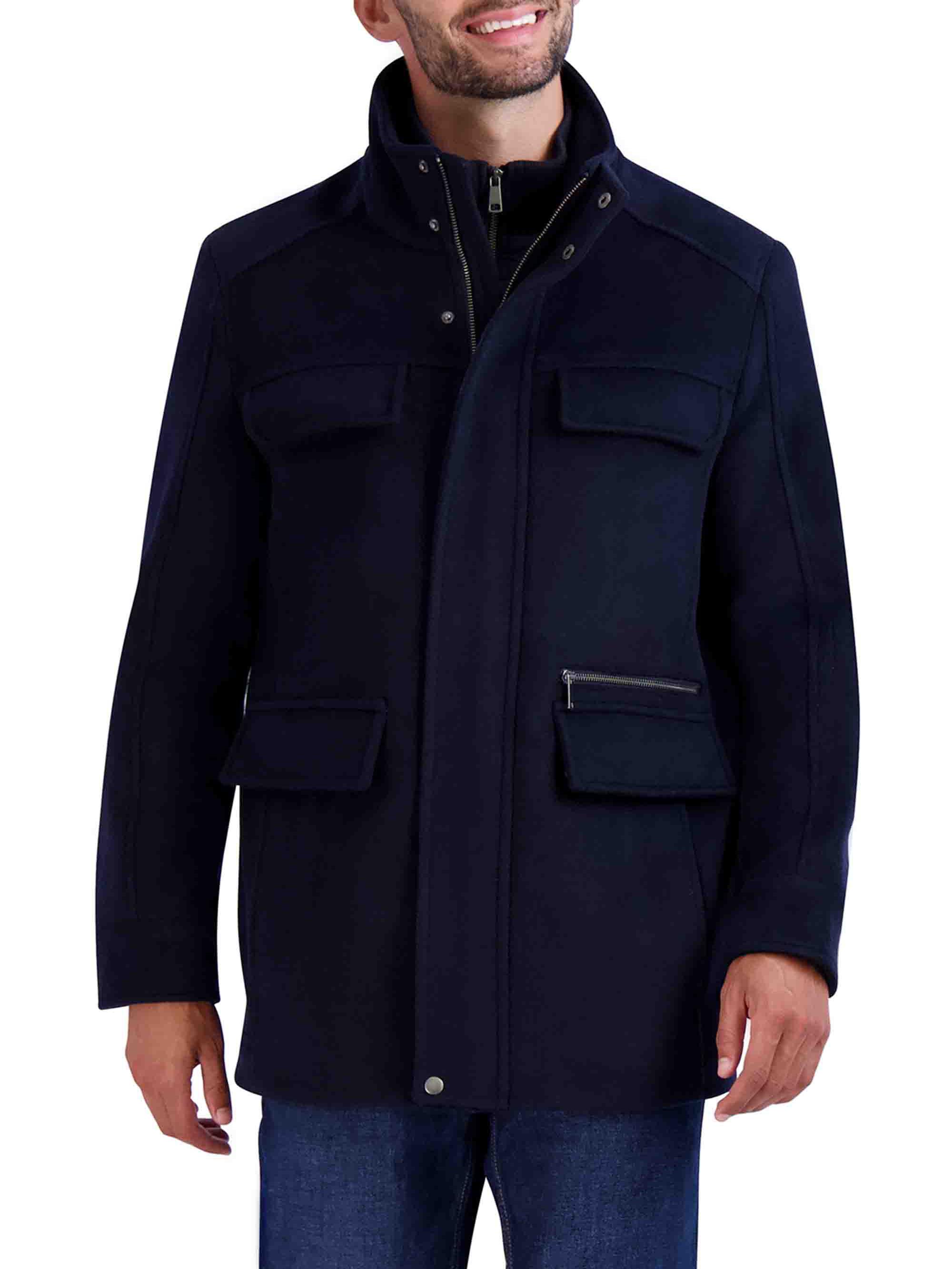 Click here for Cole Haan Mens Stand Collar Wool Blend Coat - Navy... prices