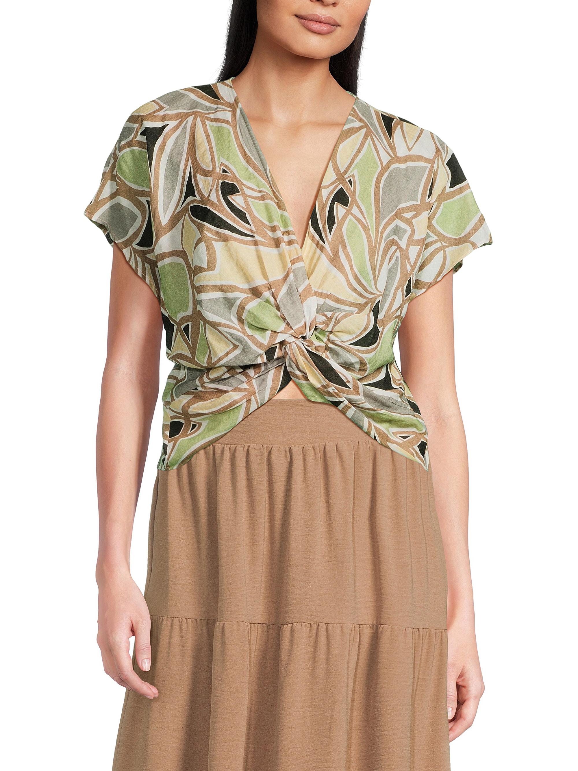 Click here for Renee C. Womens Twist Front Crop Top - Green Multi... prices