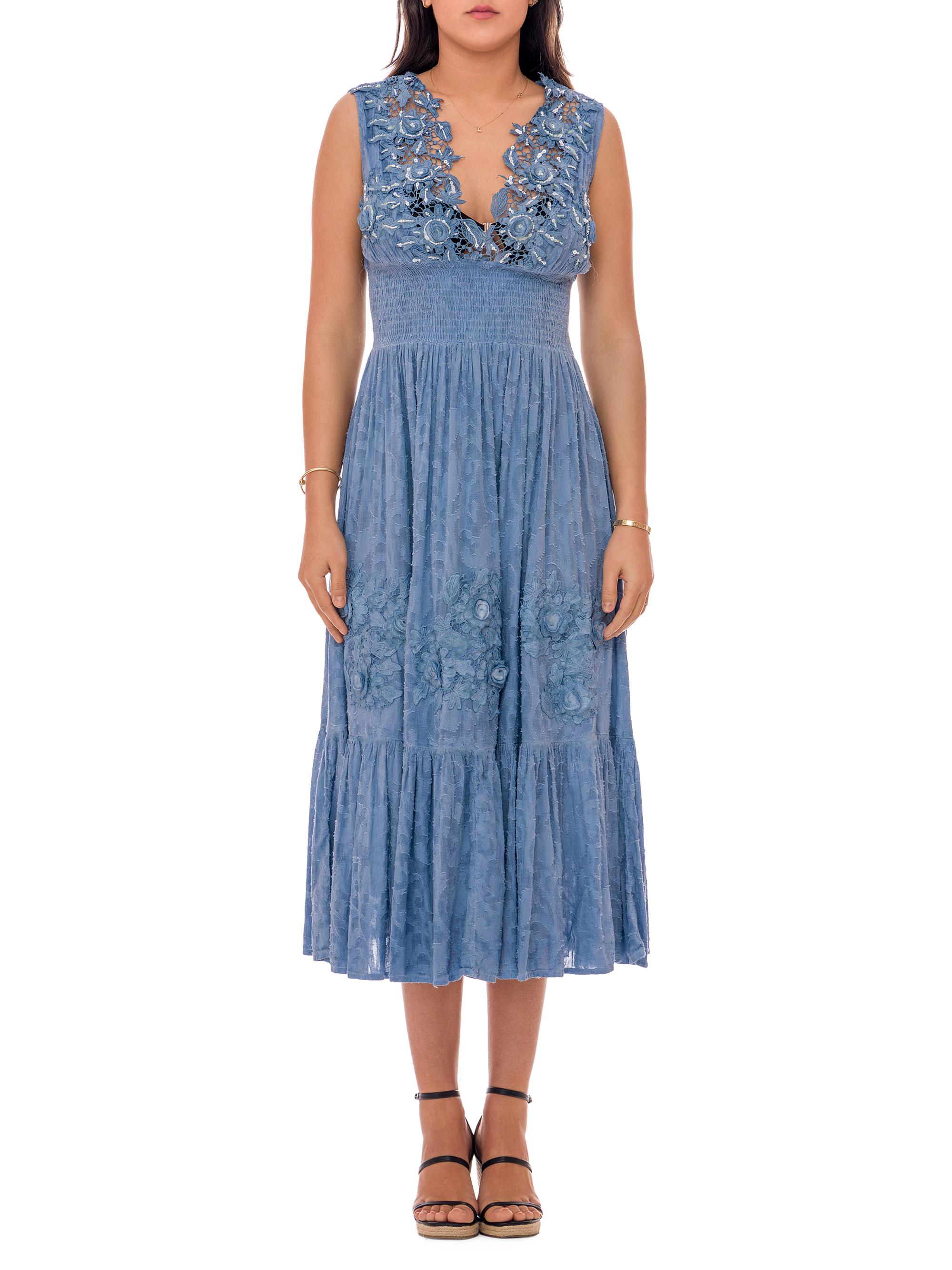 Click here for Ranees Womens Smocked Lace Peasant Dress - Blue -... prices