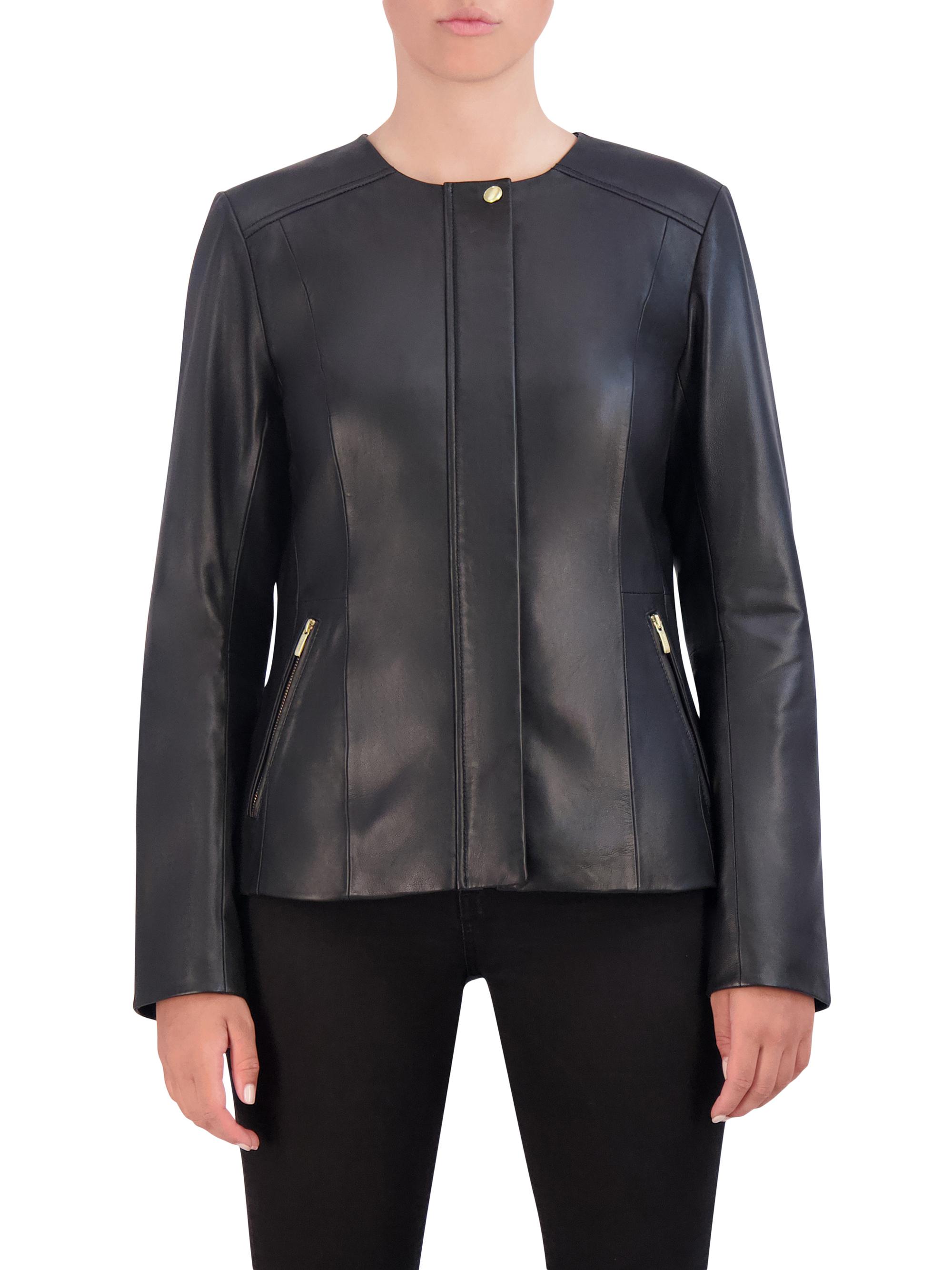 Click here for Cole Haan Collarless Leather Jacket prices