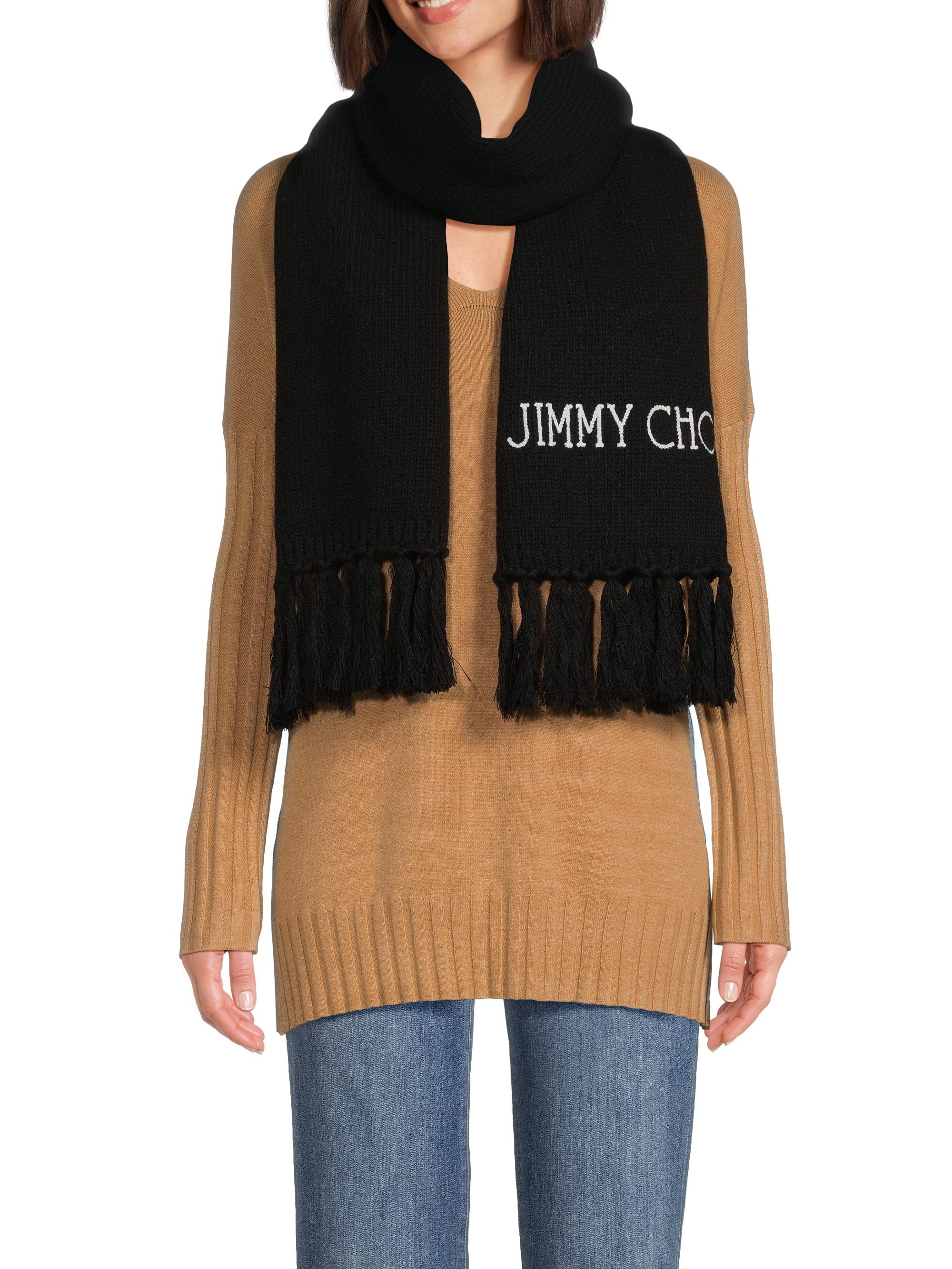 Click here for Jimmy Choo Womens Fringed Logo Wool Scarf - Black prices