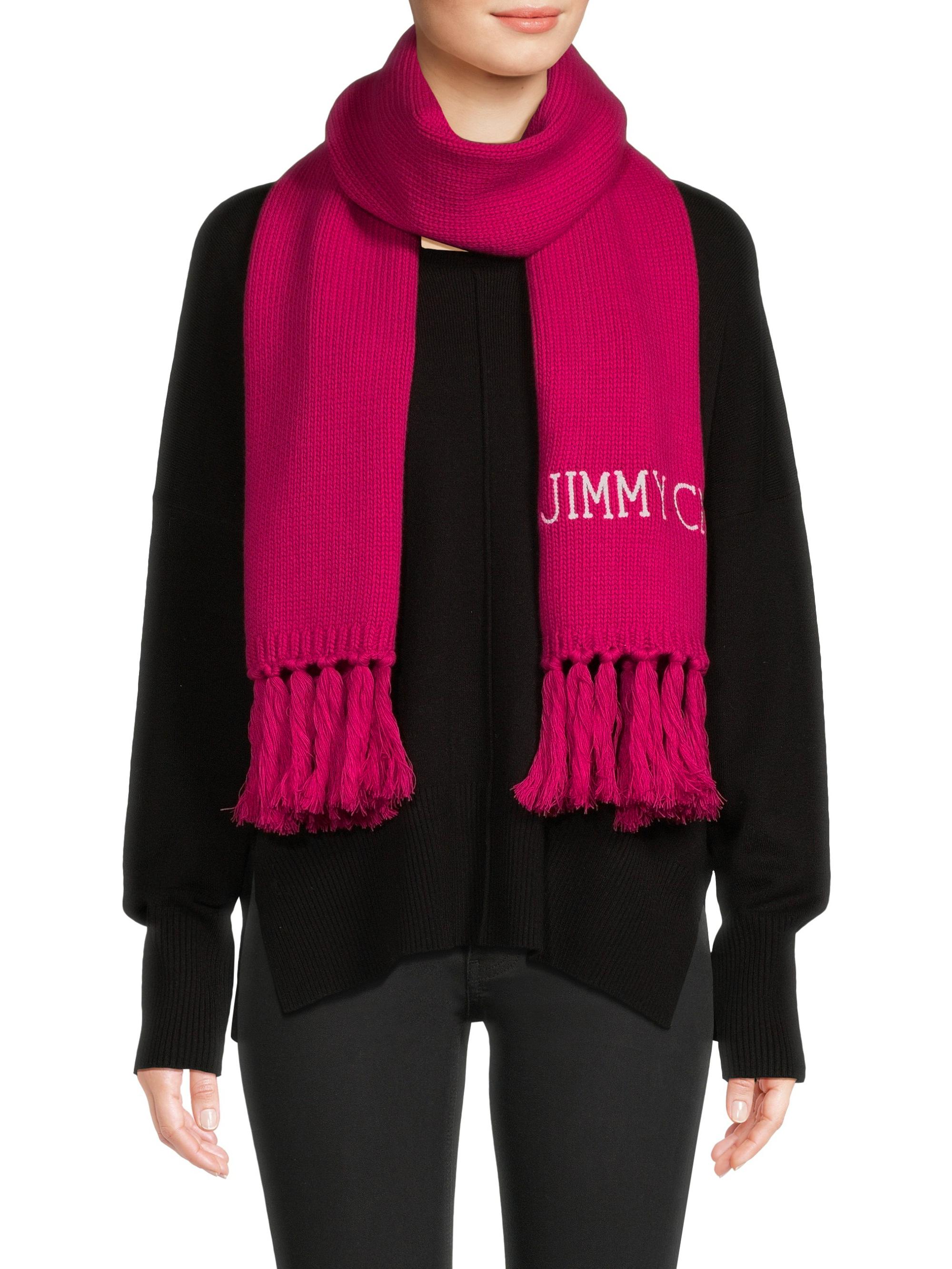 Click here for Jimmy Choo Womens Logo Tassel Wool Scarf - Bright... prices