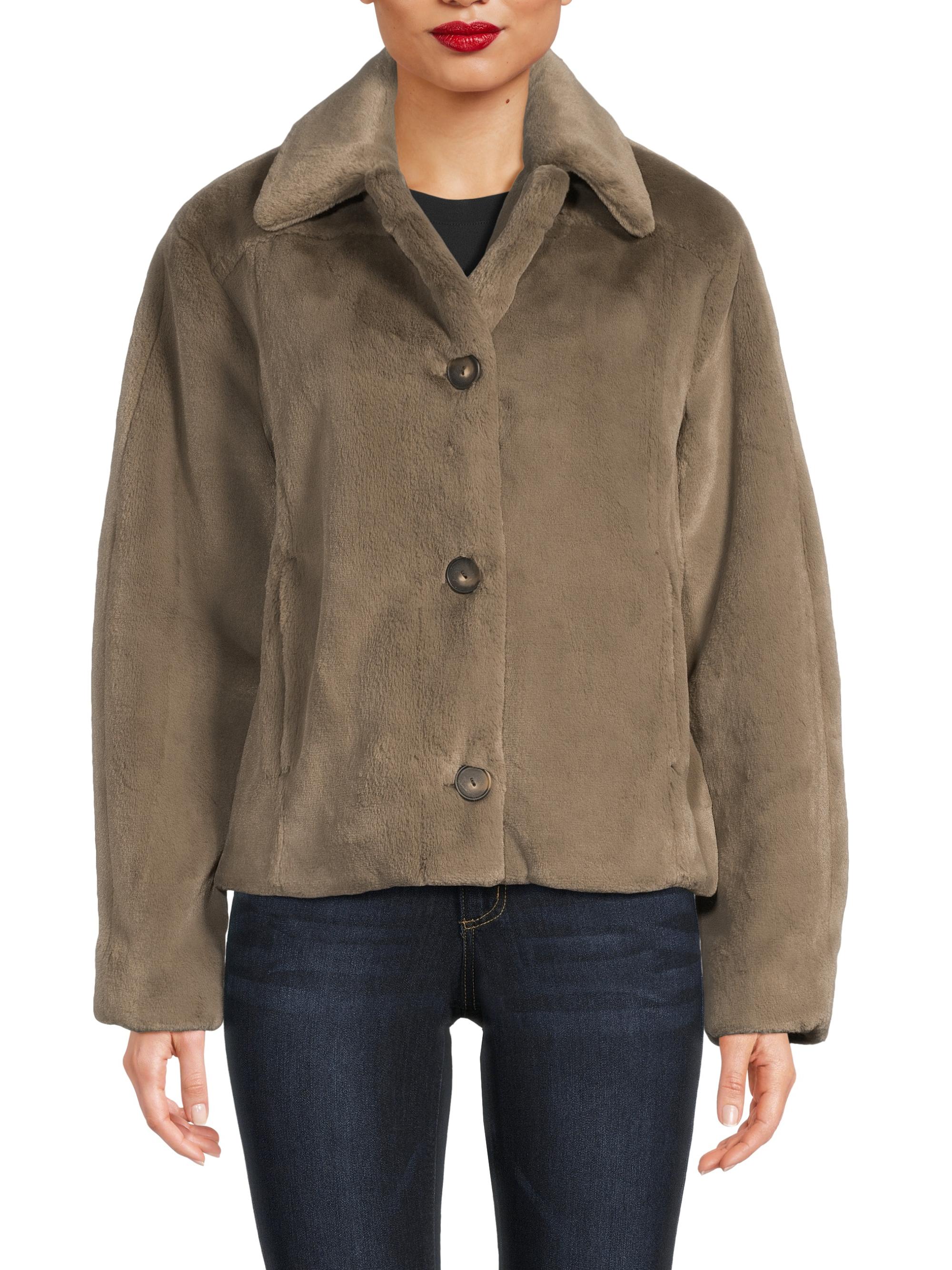 Click here for Vince Womens Faux Fur Trucker Jacket - Taupe - Siz... prices