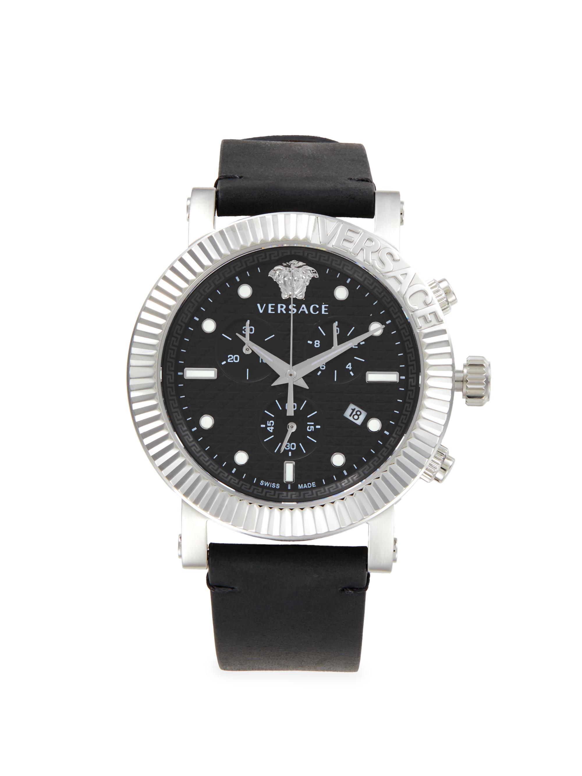 Click here for Versace Mens 45MM Stainless Steel & Leather Strap... prices