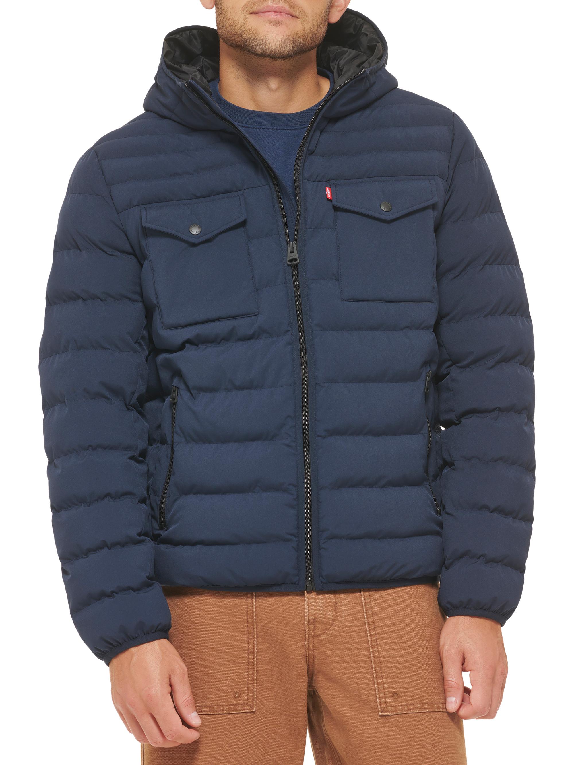 Levis Mens Stretch Quilted Hooded Puffer Jacket - Navy - Size XL