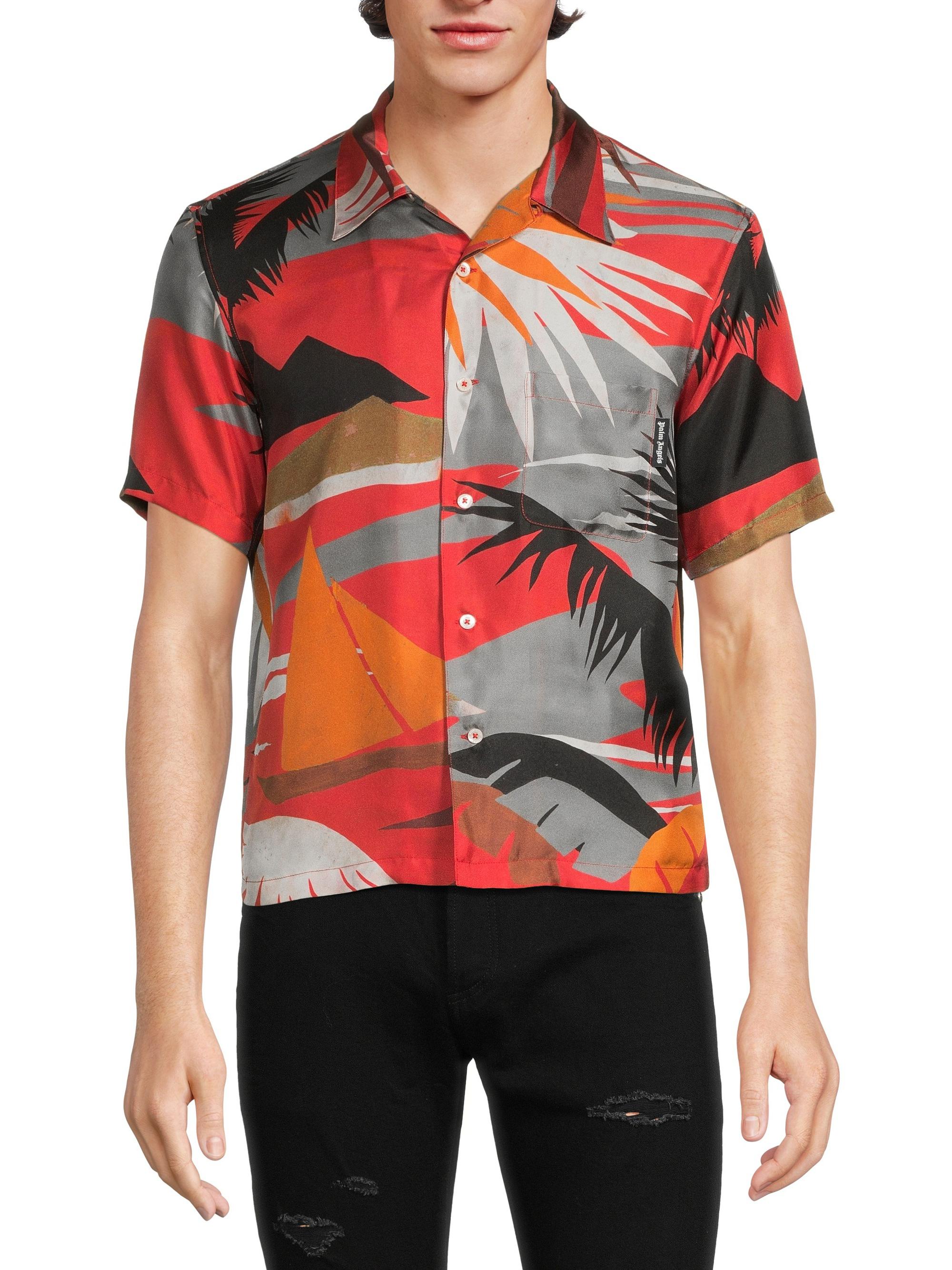 Click here for Palm Angels Mens Hawaii Cropped Silk Bowling Shirt... prices