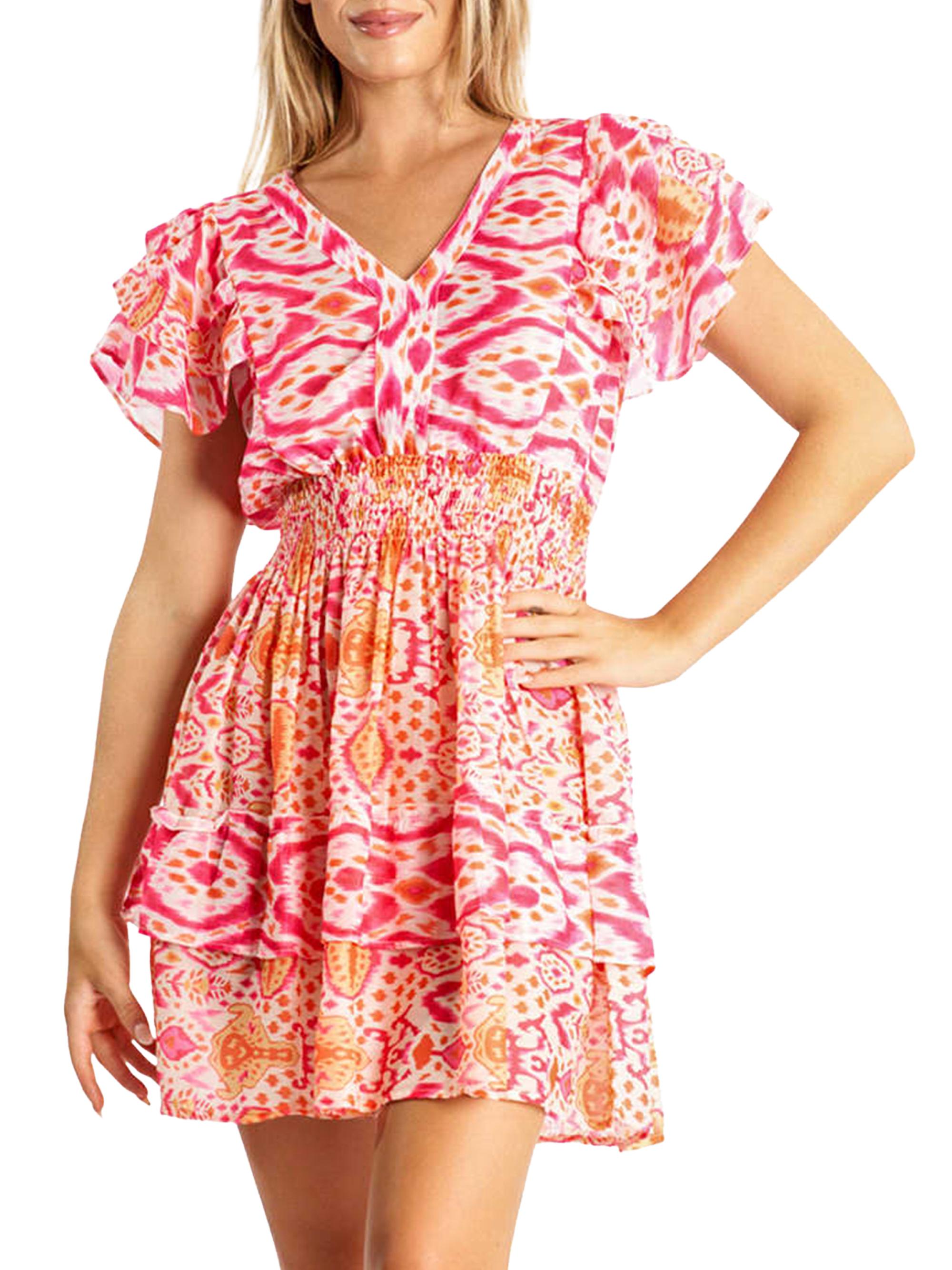 La Moda Clothing Womens Ikat Print Smocked A-Line Minidress - Pink Multi - Size S/M