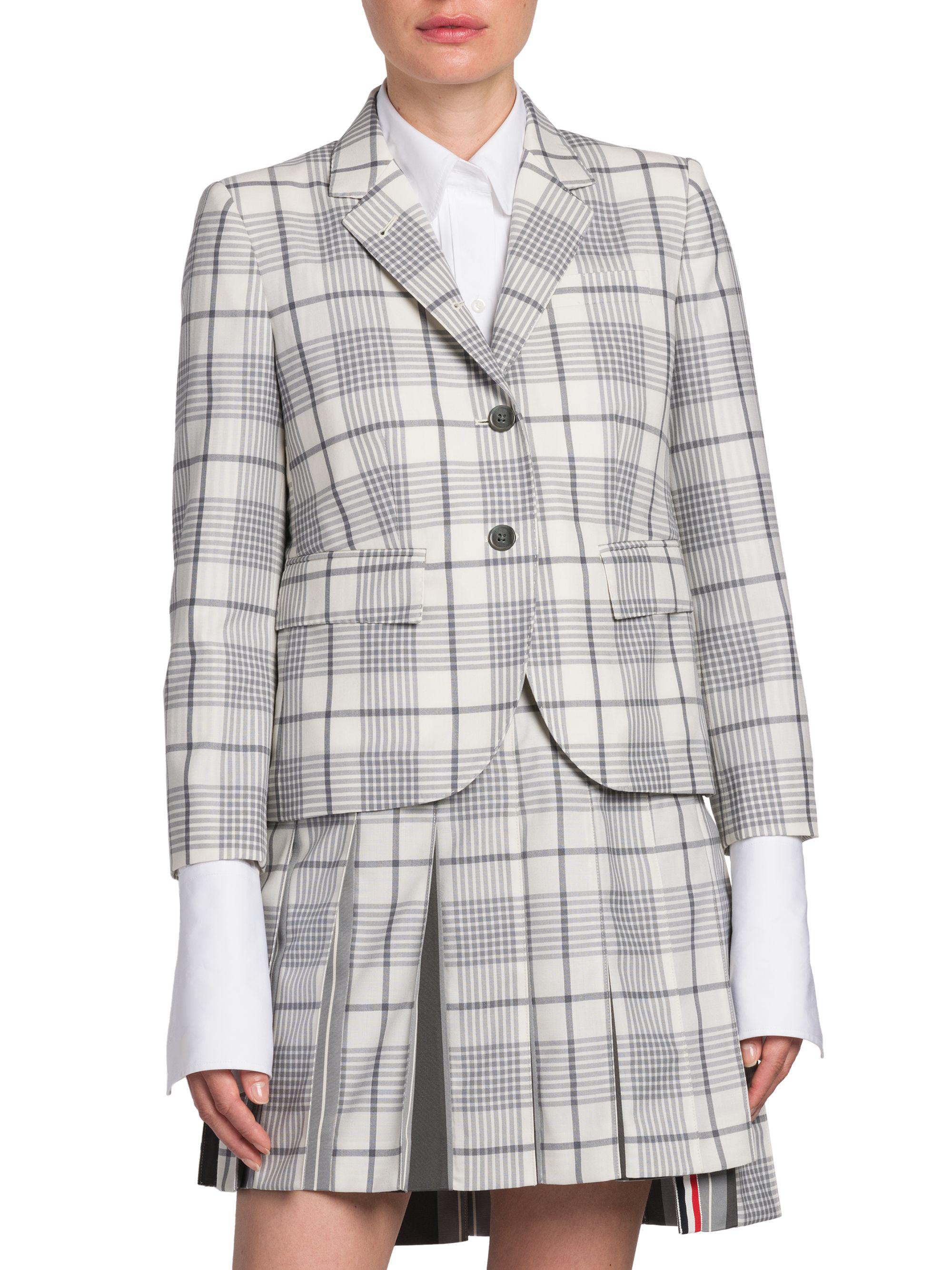 Click here for Thom Browne Womens Fit 3 Hairline Check Wool Sport... prices