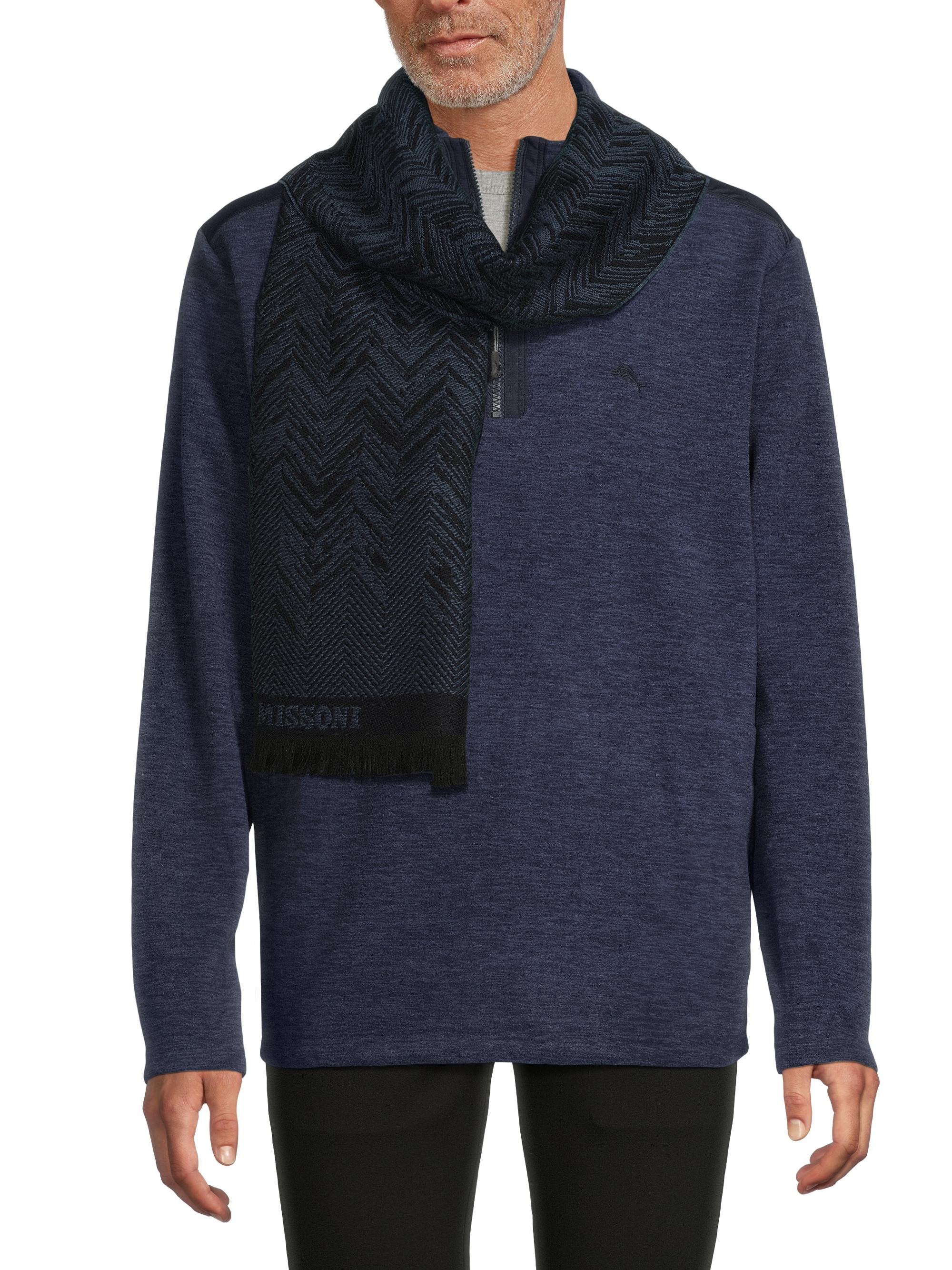 Click here for Missoni Mens Logo Chevron Wool-Blend Scarf - Blue... prices