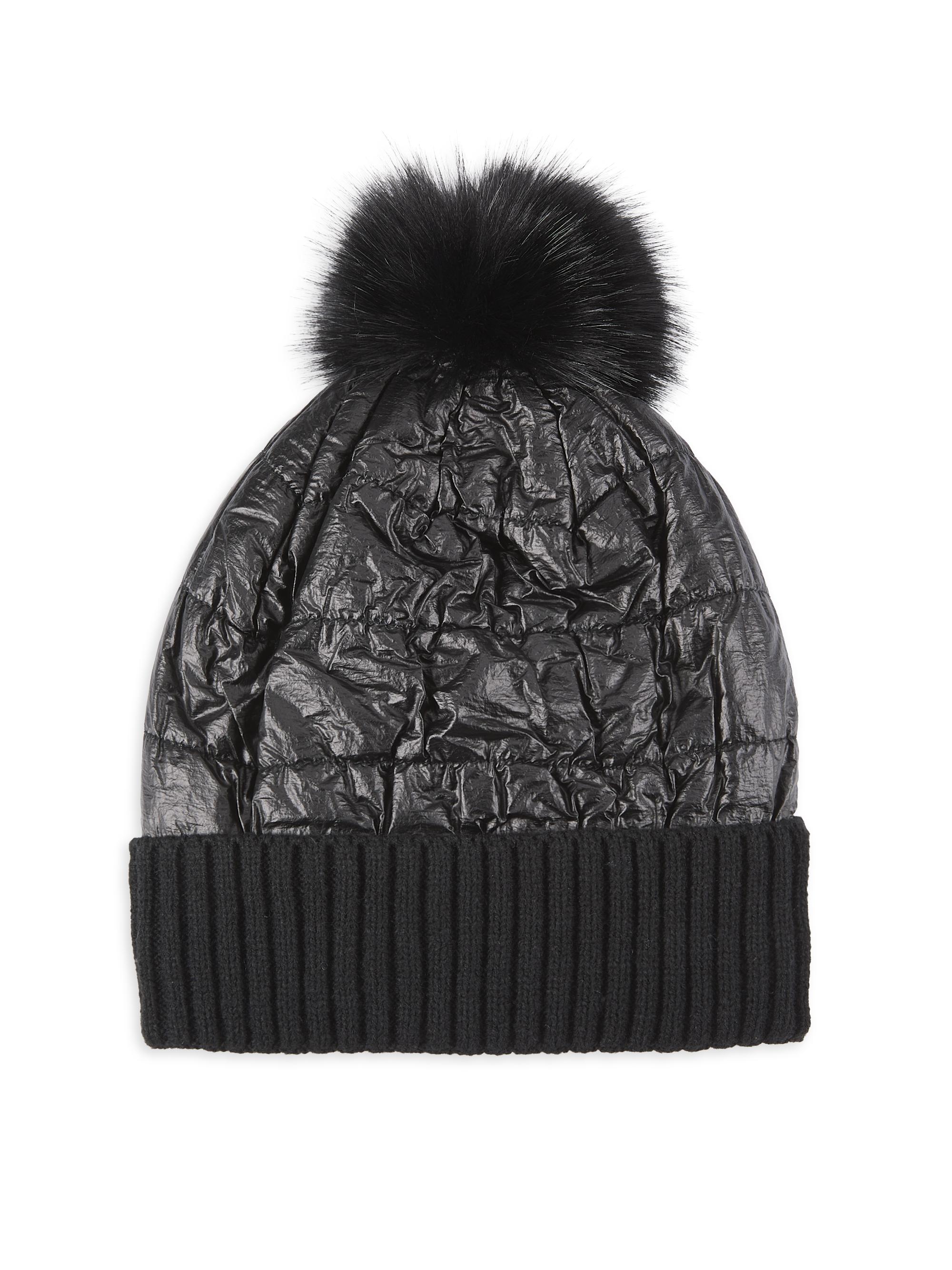 Click here for Surell Womens Metallic Puffer Faux-Fur Pom Beanie... prices