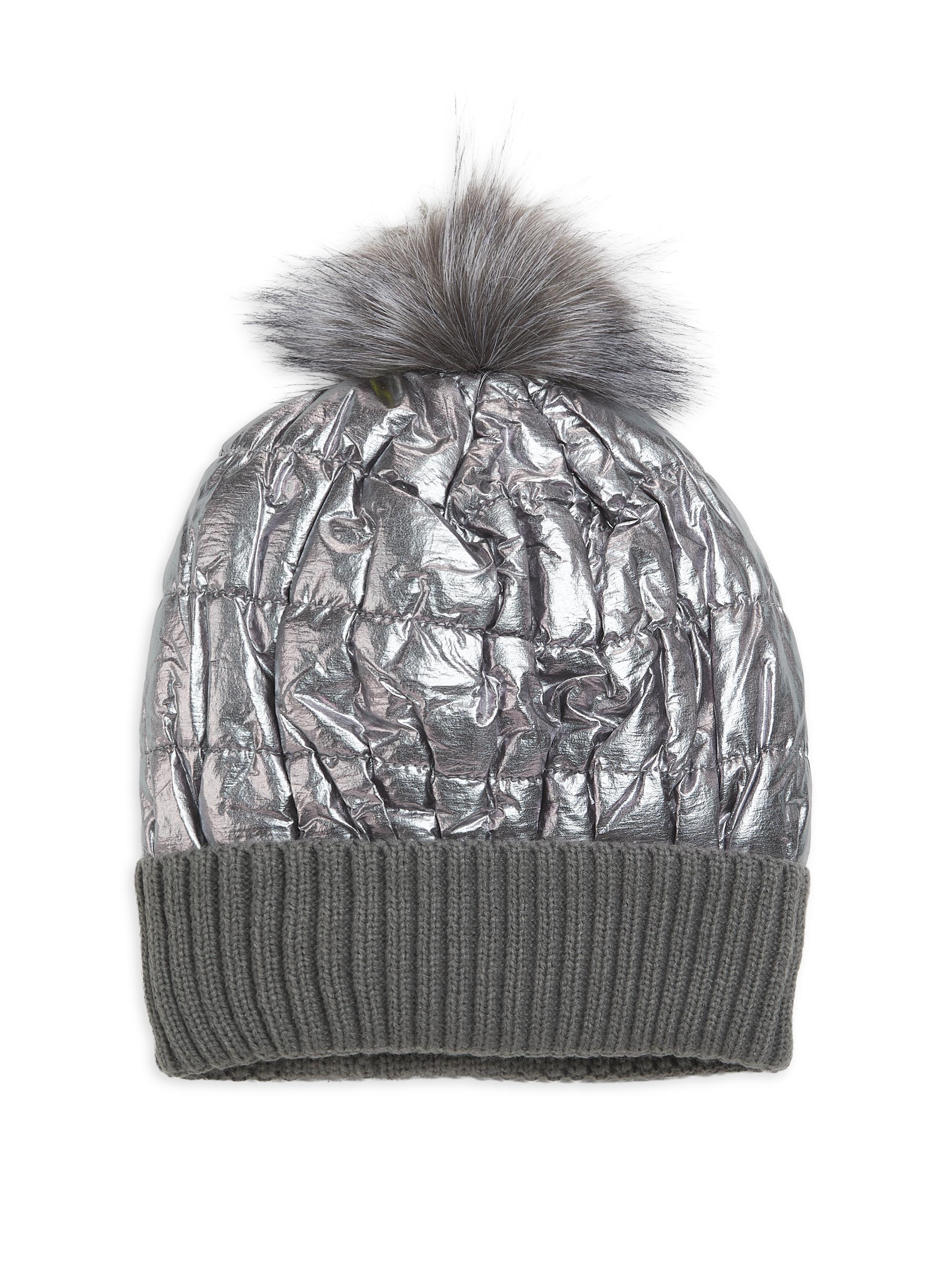 Click here for Surell Womens Metallic Puffer Faux-Fur Pom Beanie... prices