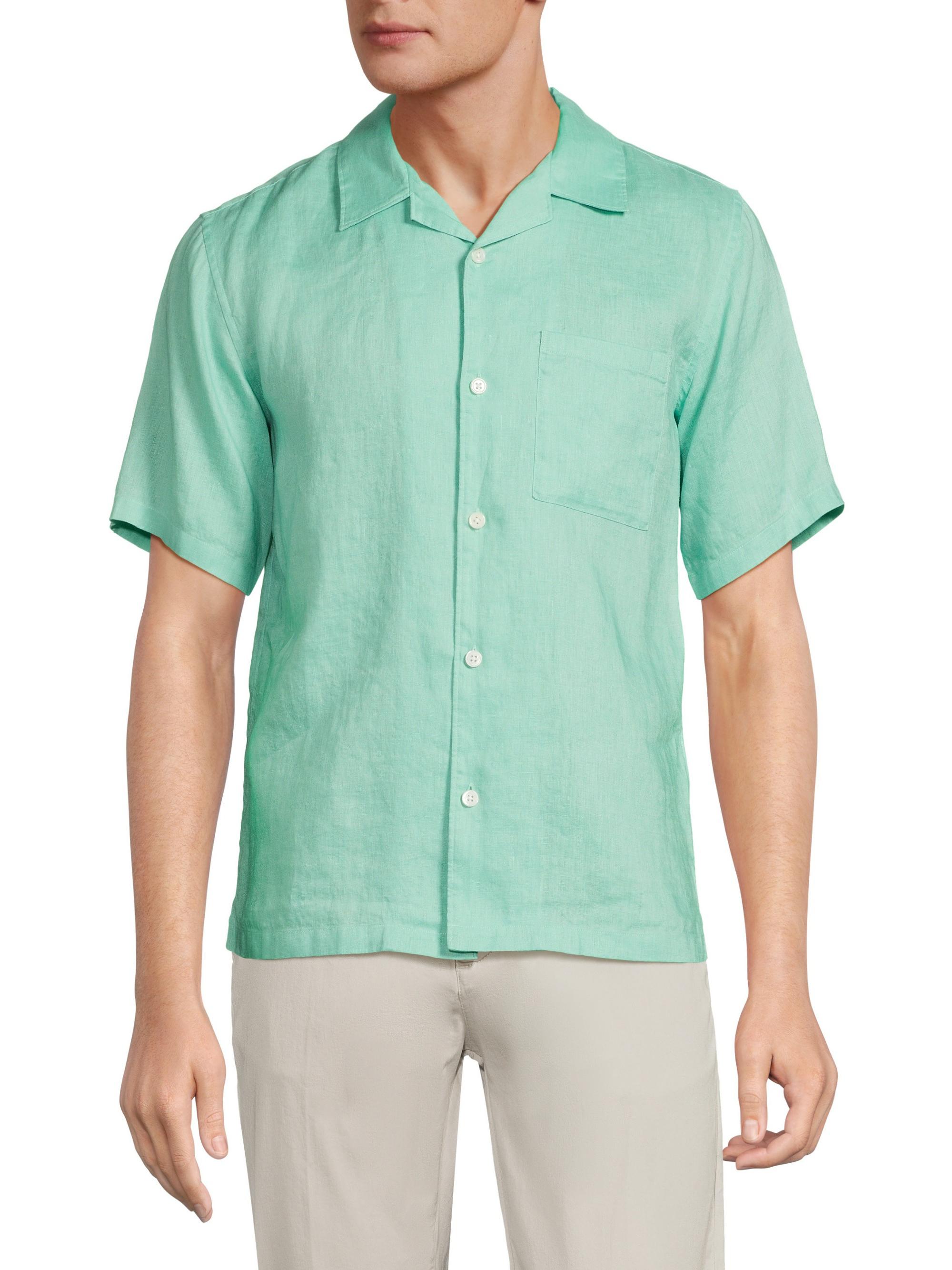 Click here for Theory Mens Solid Linen Camp Shirt - Green - Size... prices