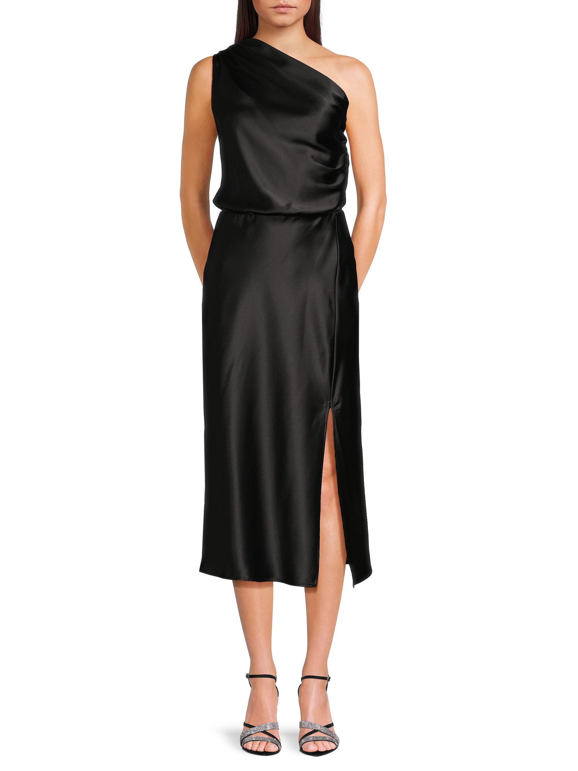Click here for Renee C. Womens Satin One Shoulder Midi-Dress - Bl... prices