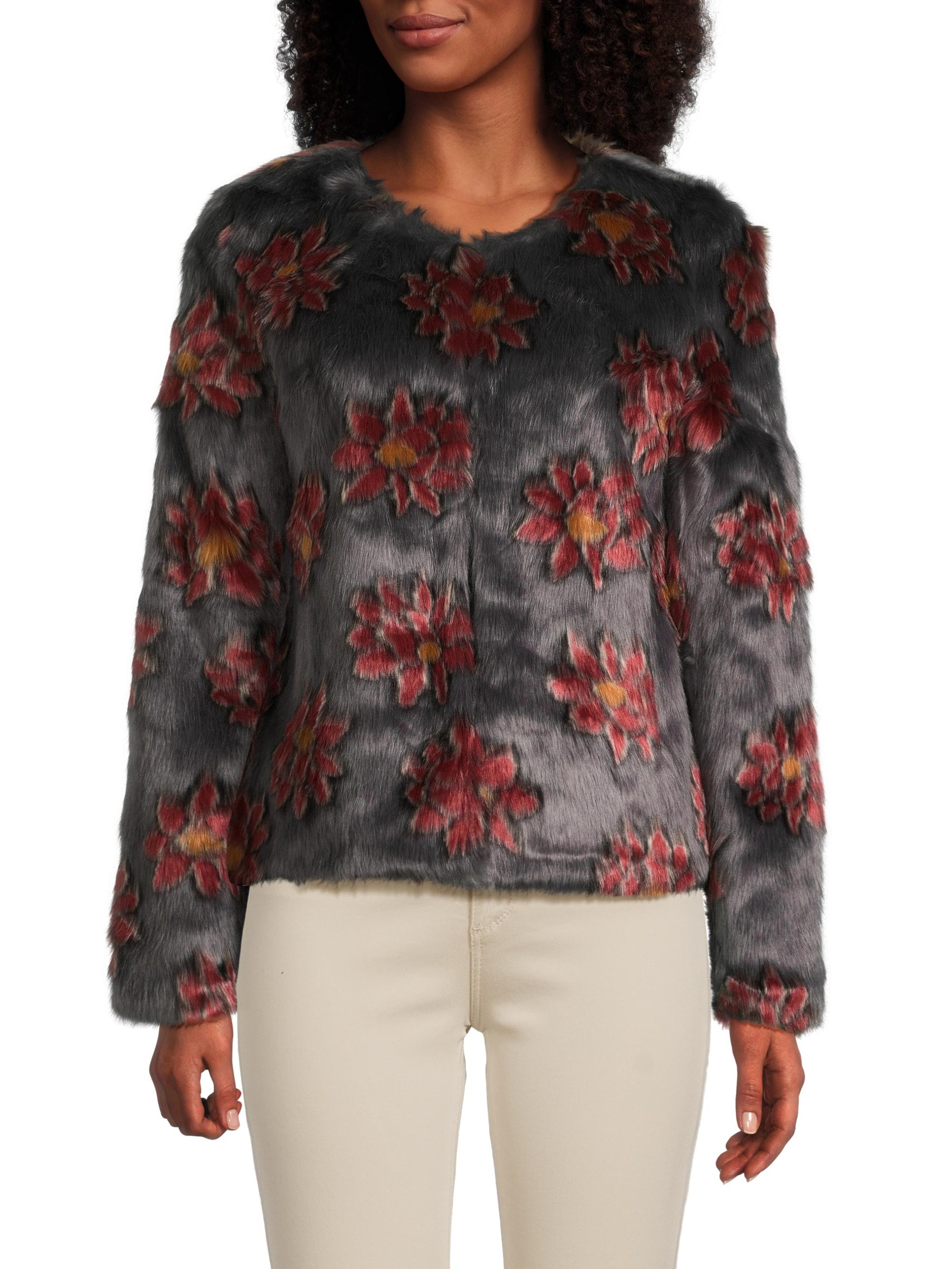 Click here for Unreal Fur Womens Flower Faux Fur Jacket - Night B... prices