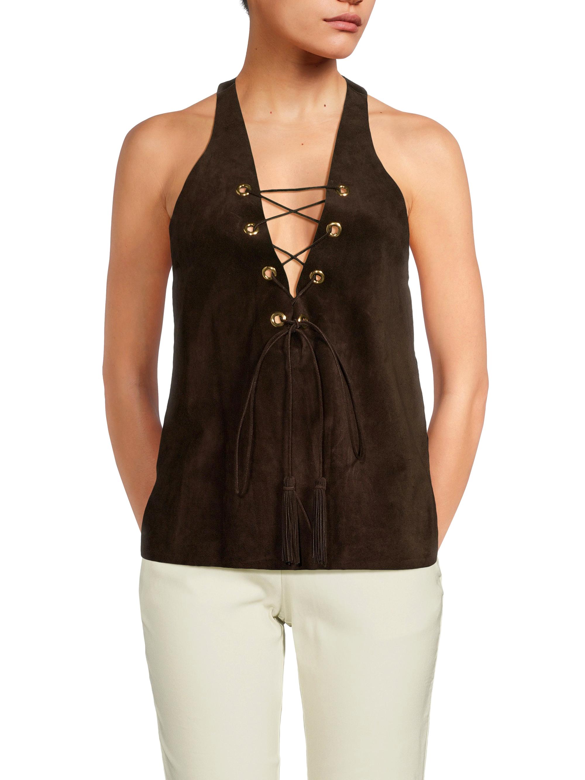 Click here for Tods Womens Drawstring Suede Sleeveless Top - Choc... prices