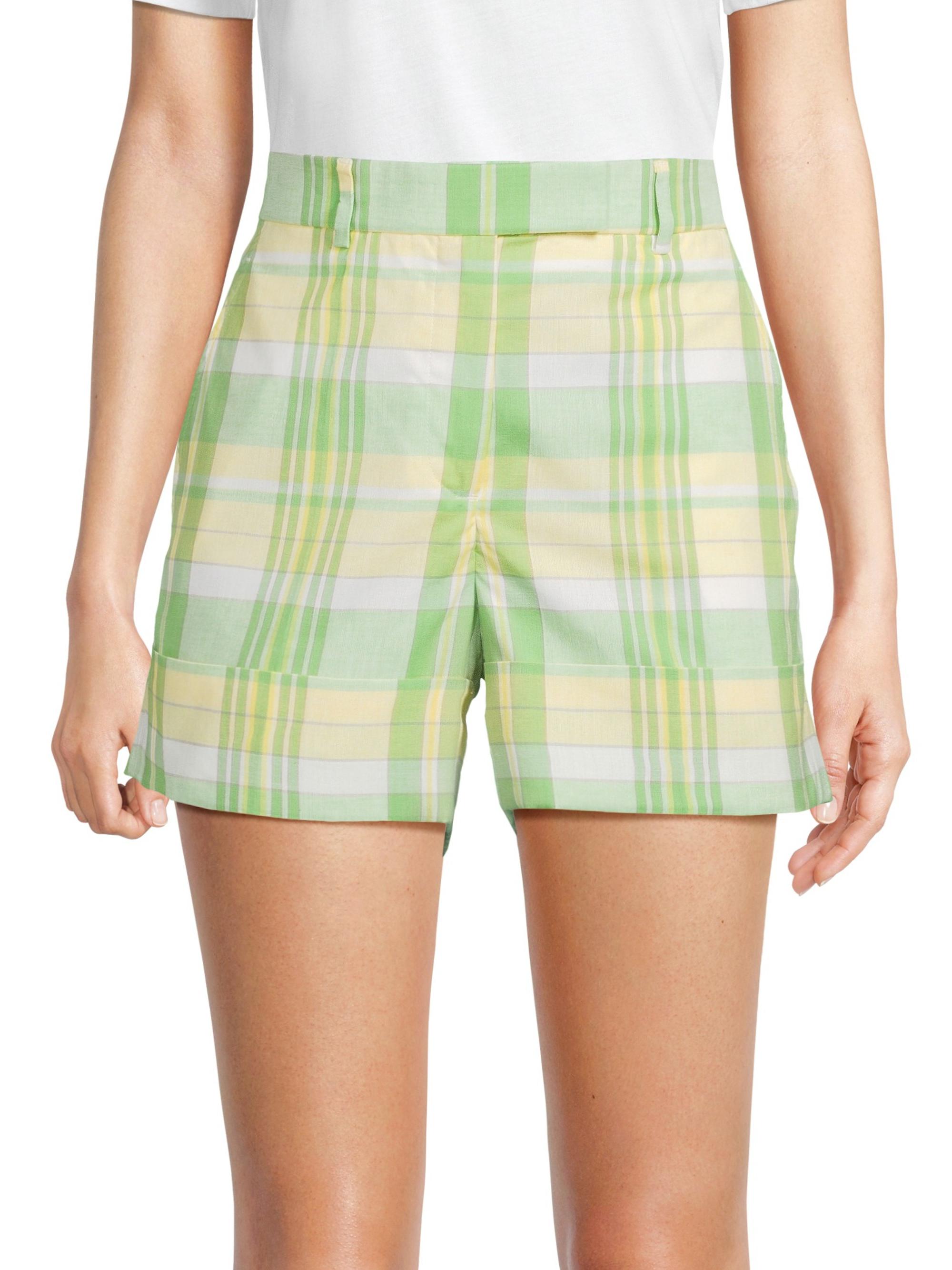 Click here for Thom Browne Womens Plaid Rolled Cuff Shorts - Gree... prices