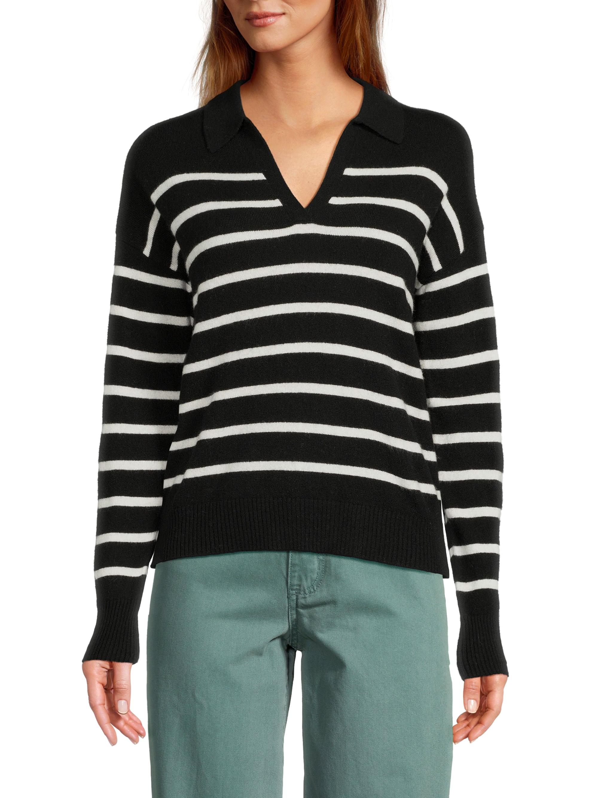 Click here for Amicale Womens Striped Cashmere Sweater - Black Iv... prices