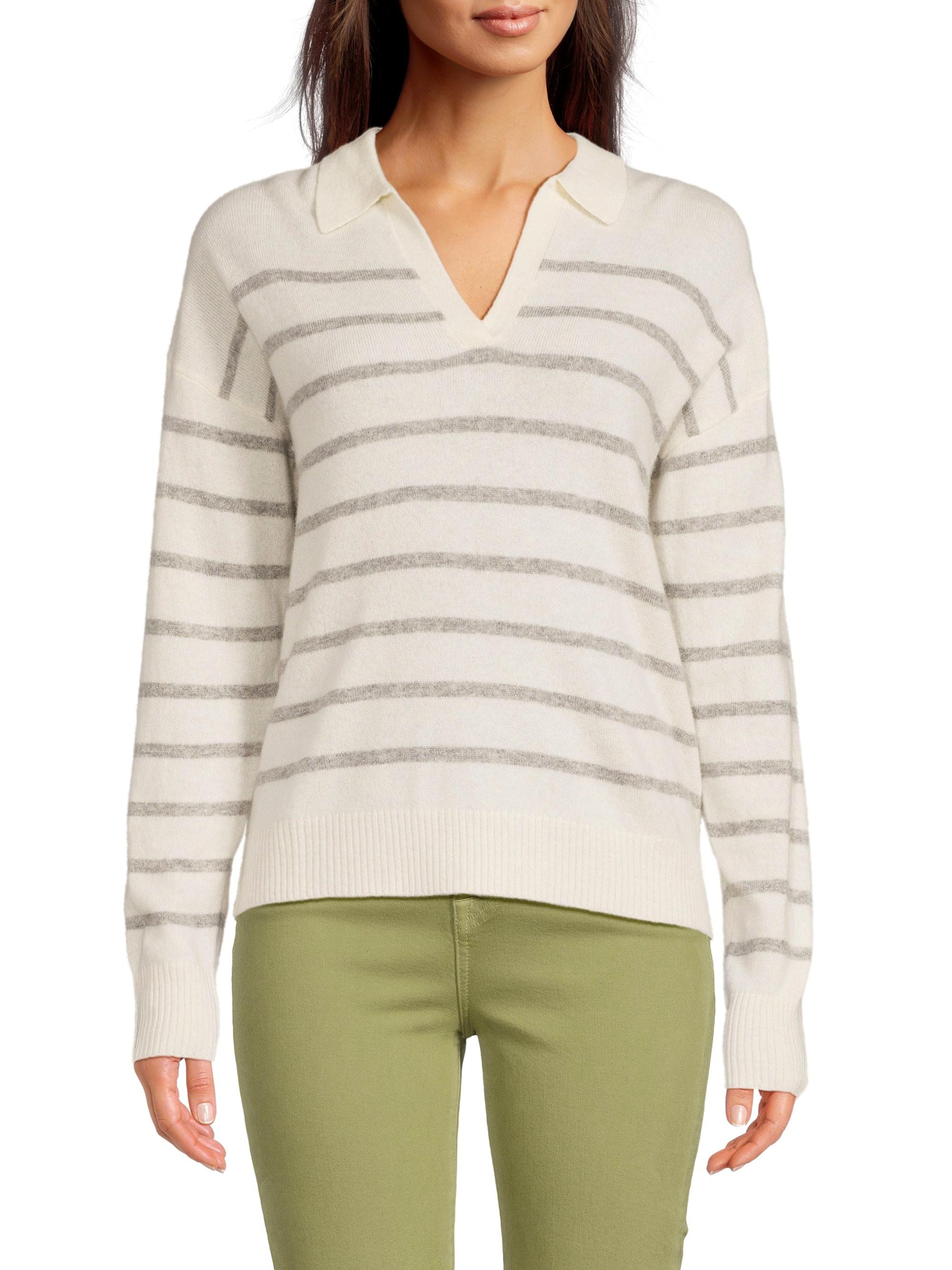 Click here for Amicale Womens Striped Cashmere Sweater - Ivory Gr... prices