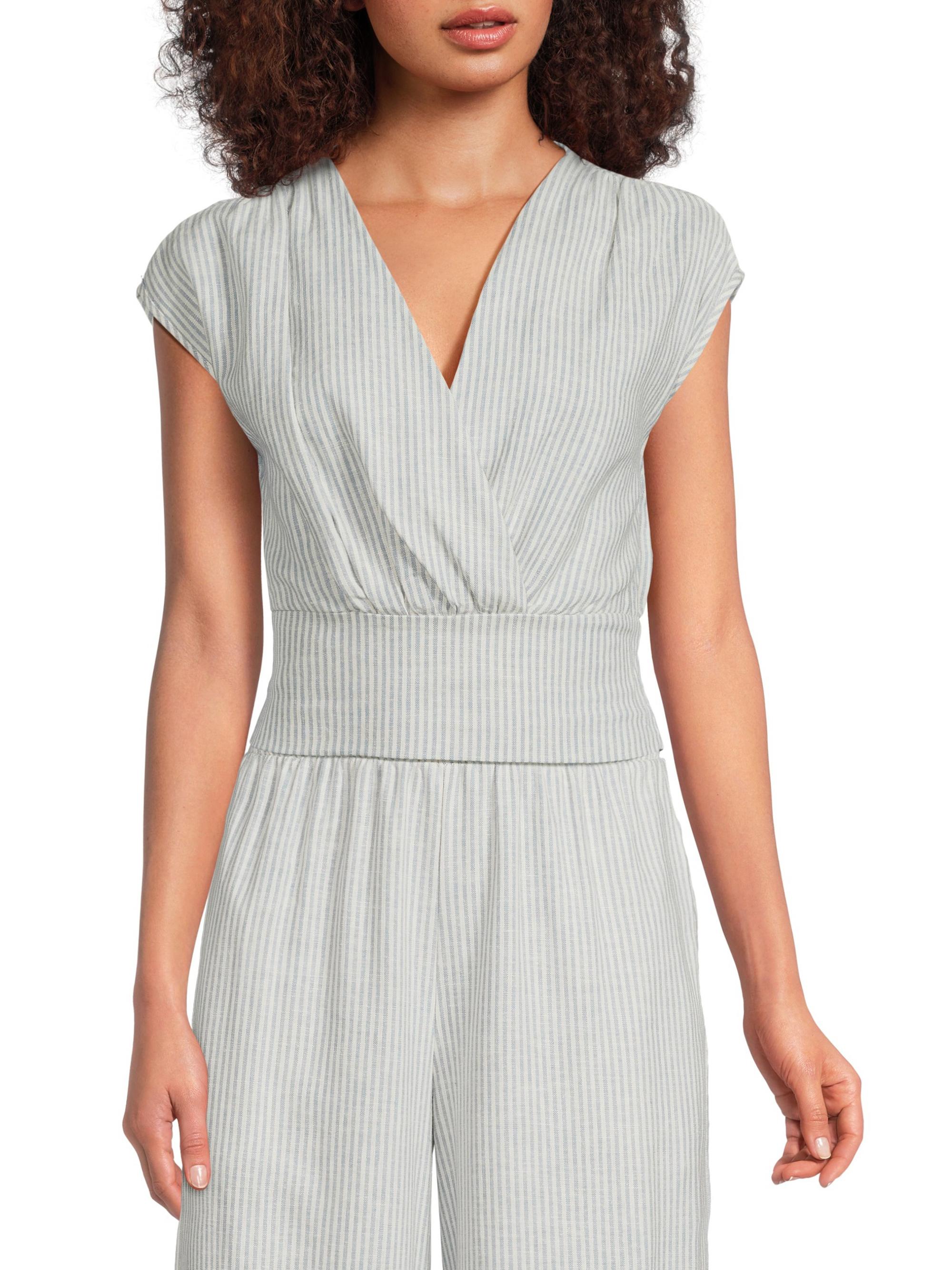 Click here for Renee C. Womens Striped Linen-Blend Top - Blue Ivo... prices