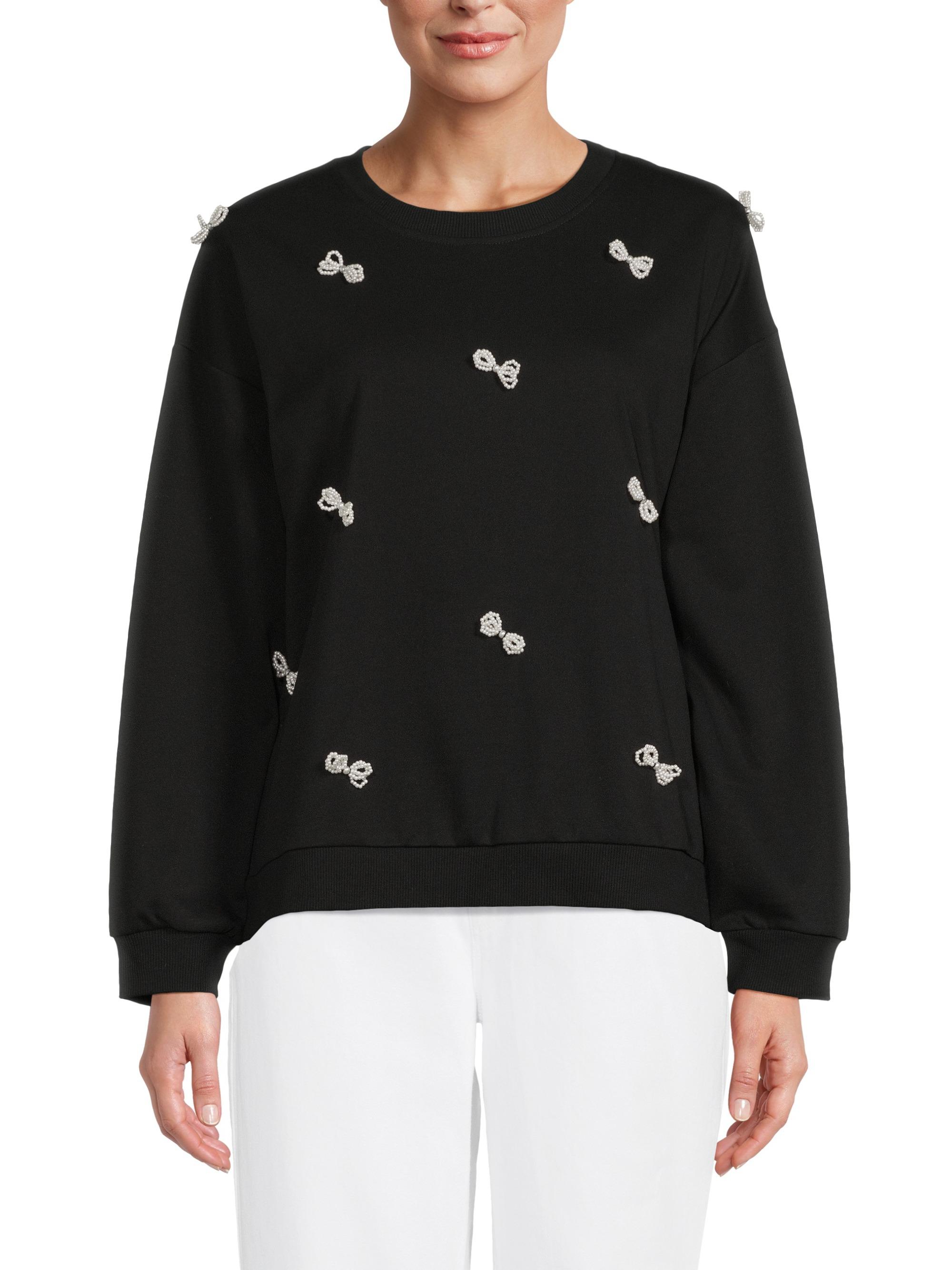 Click here for Lea & Viola Womens Beaded Bow Sweatshirt - Black -... prices