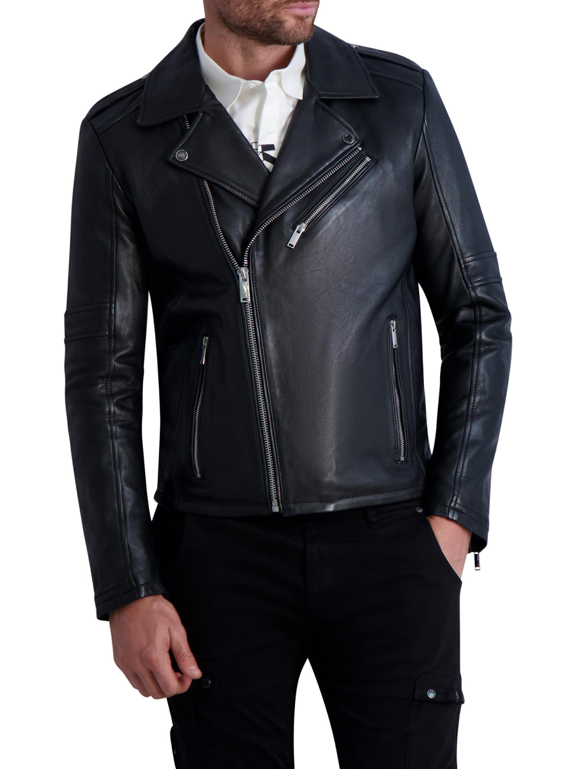 Click here for Karl Lagerfeld Paris Mens Leather Moto Jacket - Bl... prices