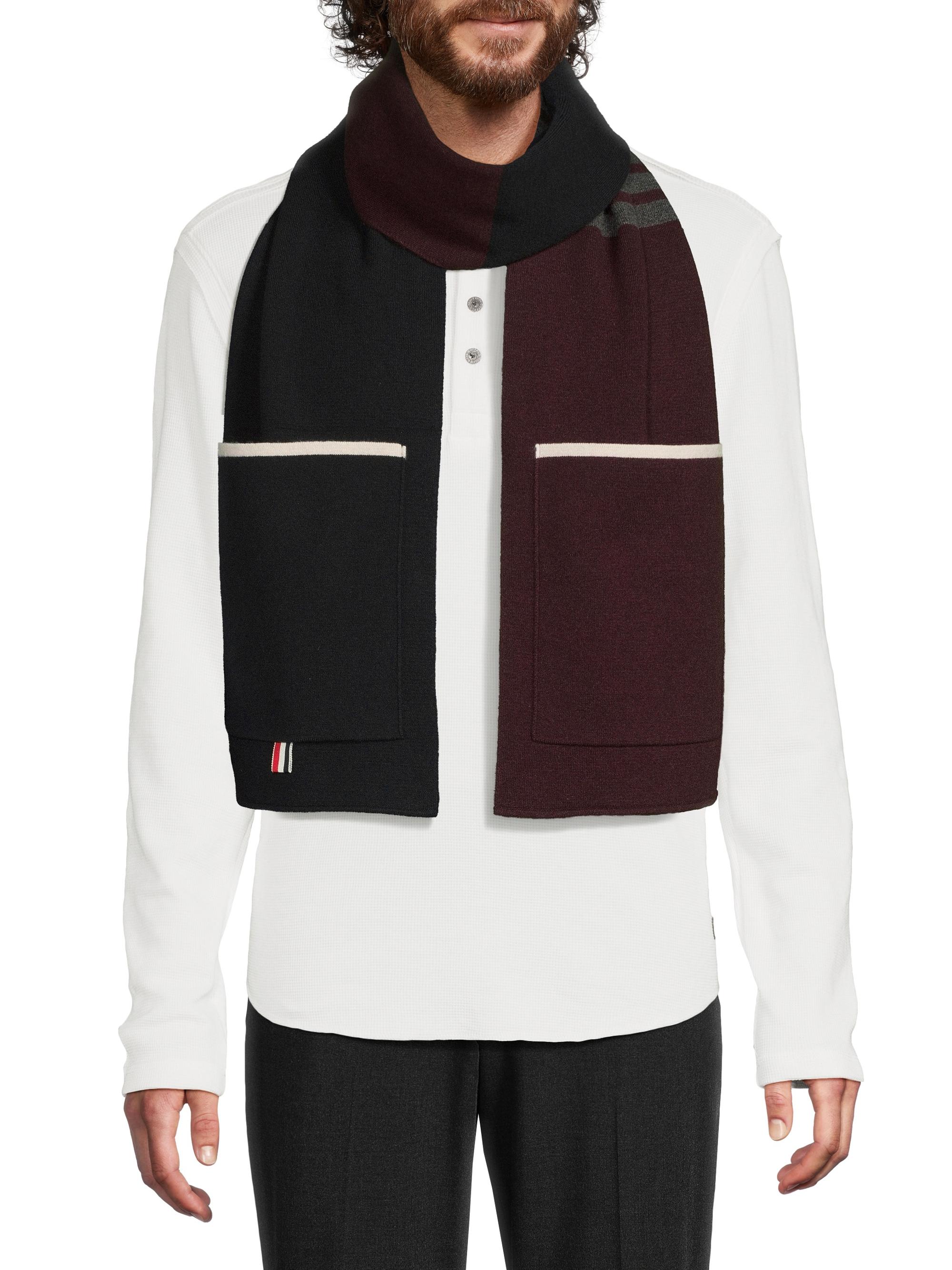 Click here for Thom Browne Mens Cashmere Scarf - Burgundy Black prices