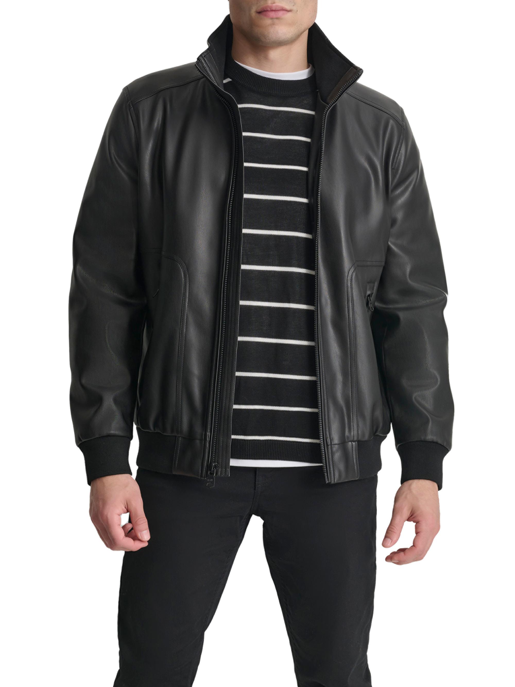 Click here for Dkny Mens Smooth Faux-Leather Bomber Jacket - Blac... prices