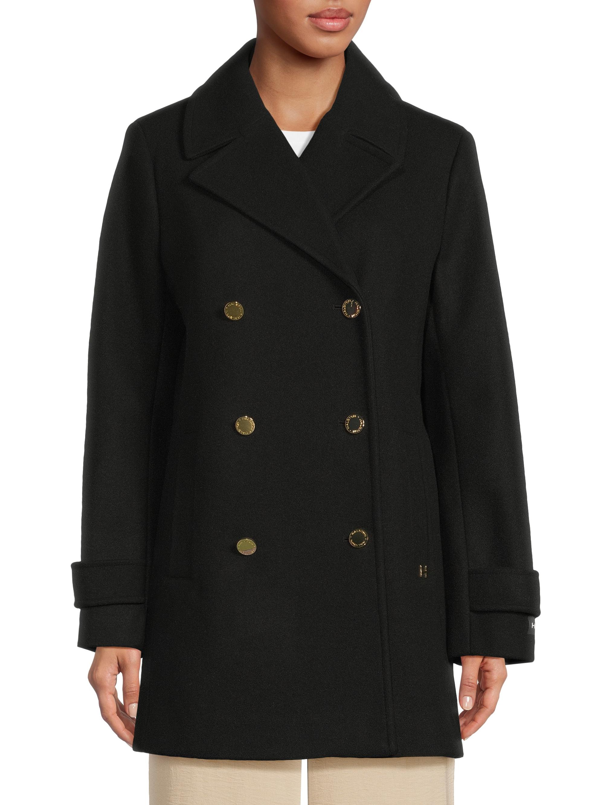 Halston Womens Faux Wool Double-Breasted Coat - Black - Size S
