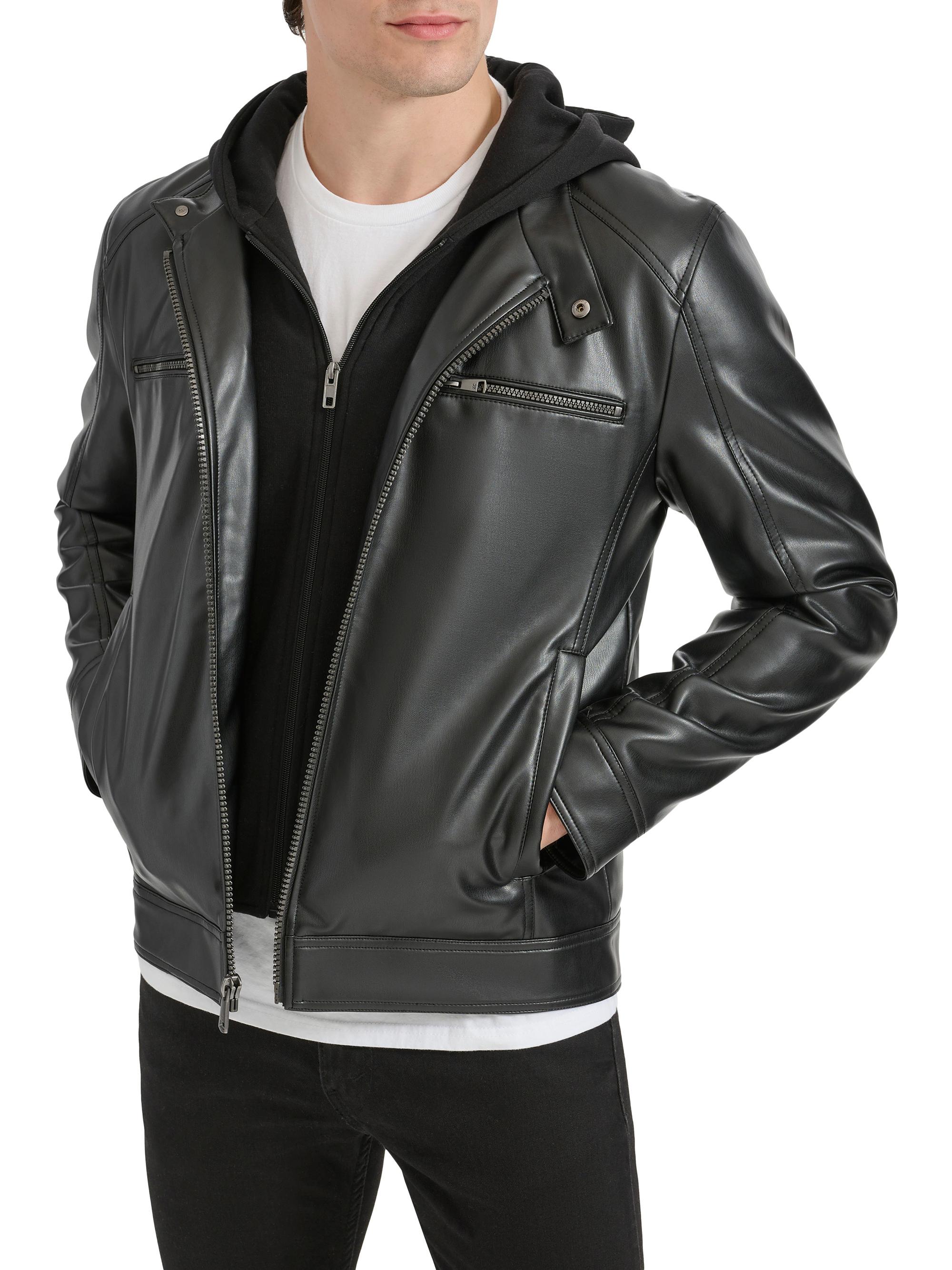 Click here for Kenneth Cole Mens Faux Leather Hooded Moto Jacket... prices