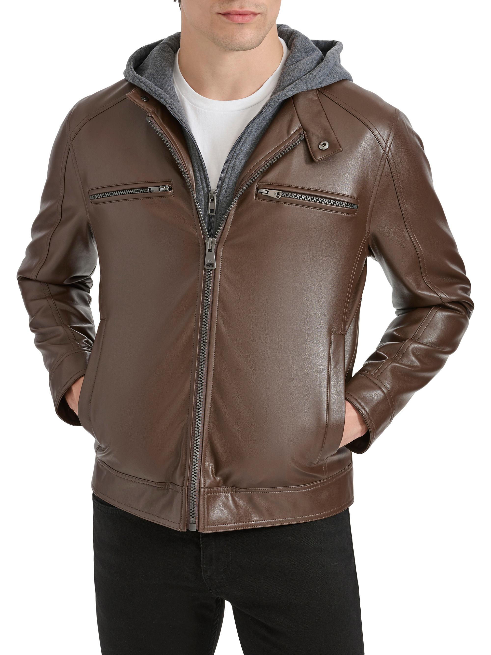 Click here for Kenneth Cole Mens Faux Leather Hooded Moto Jacket... prices