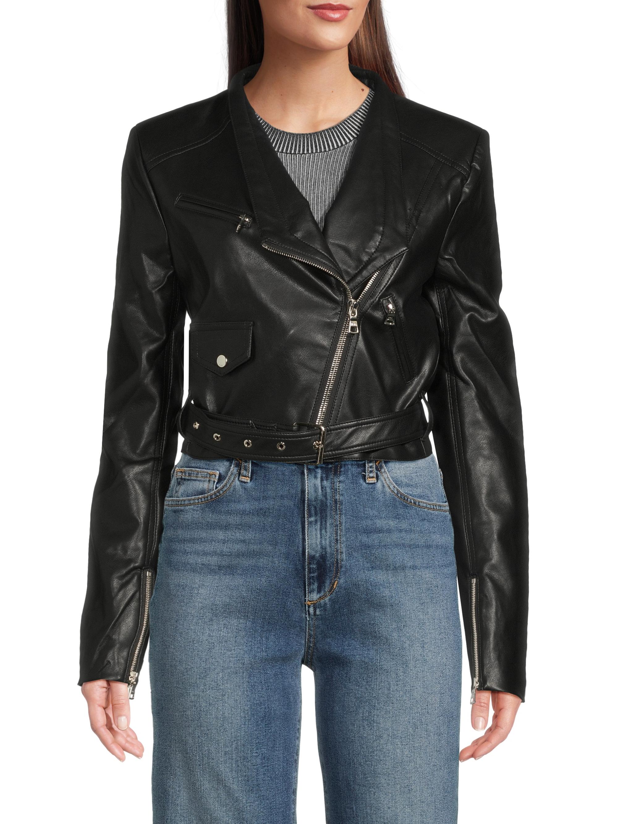 Click here for Rta Womens Faux Leather Cropped Biker Jacket - Bla... prices