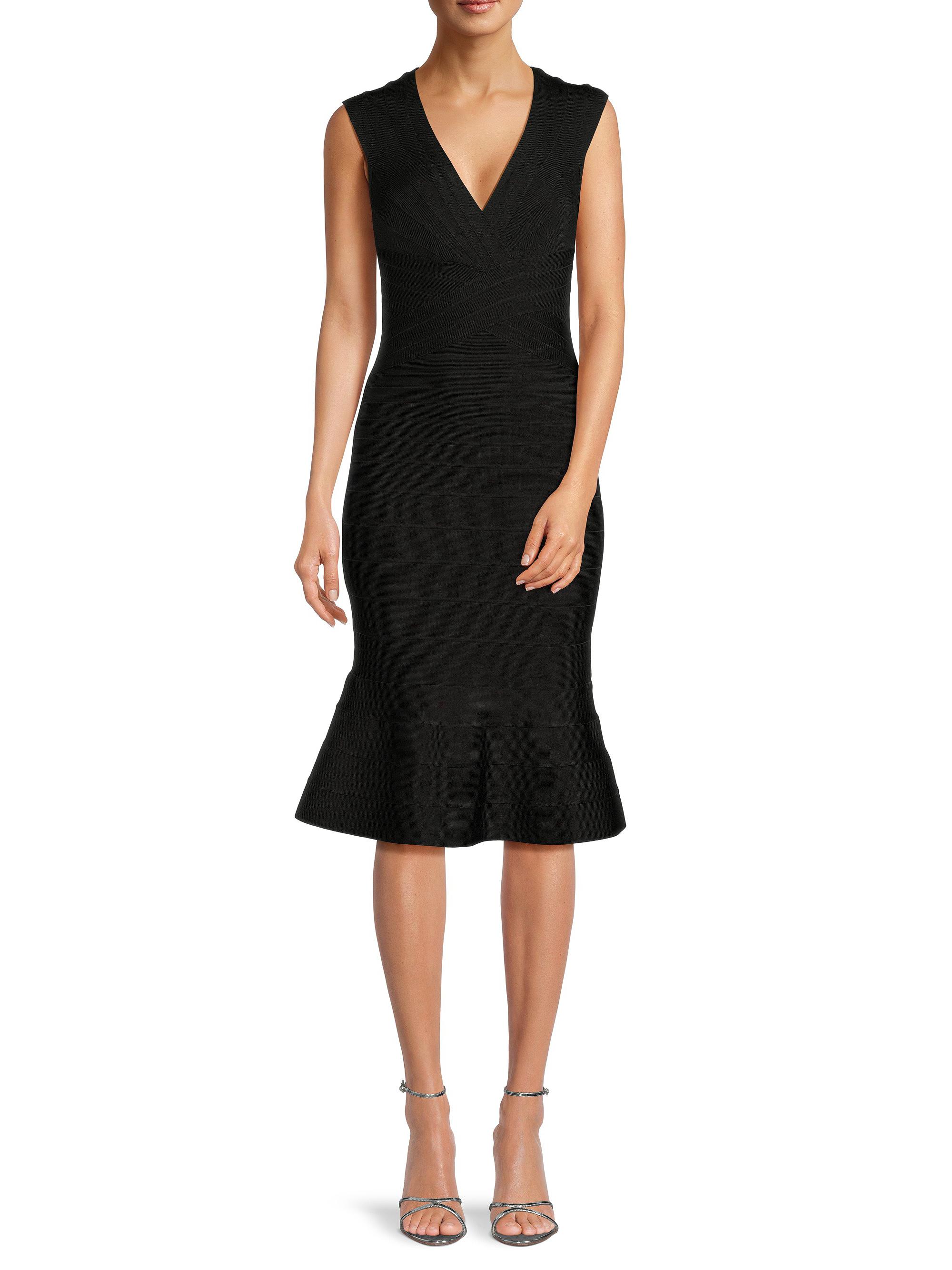 Click here for Hervé Léger Womens Sophie V-Neck Midi-Dress - Blac... prices