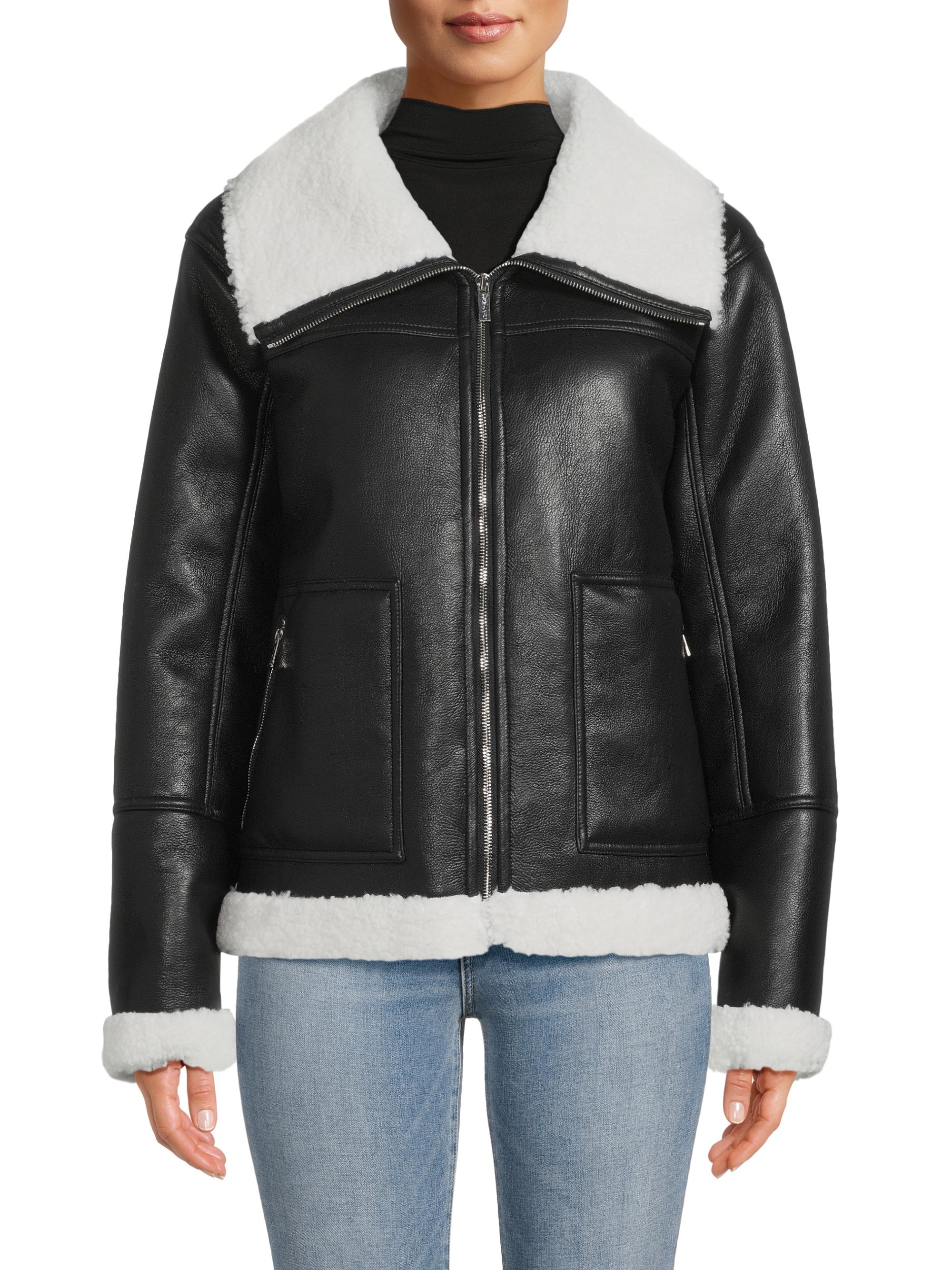 Click here for Calvin Klein Womens Faux Shearling Trim Moto Jacke... prices