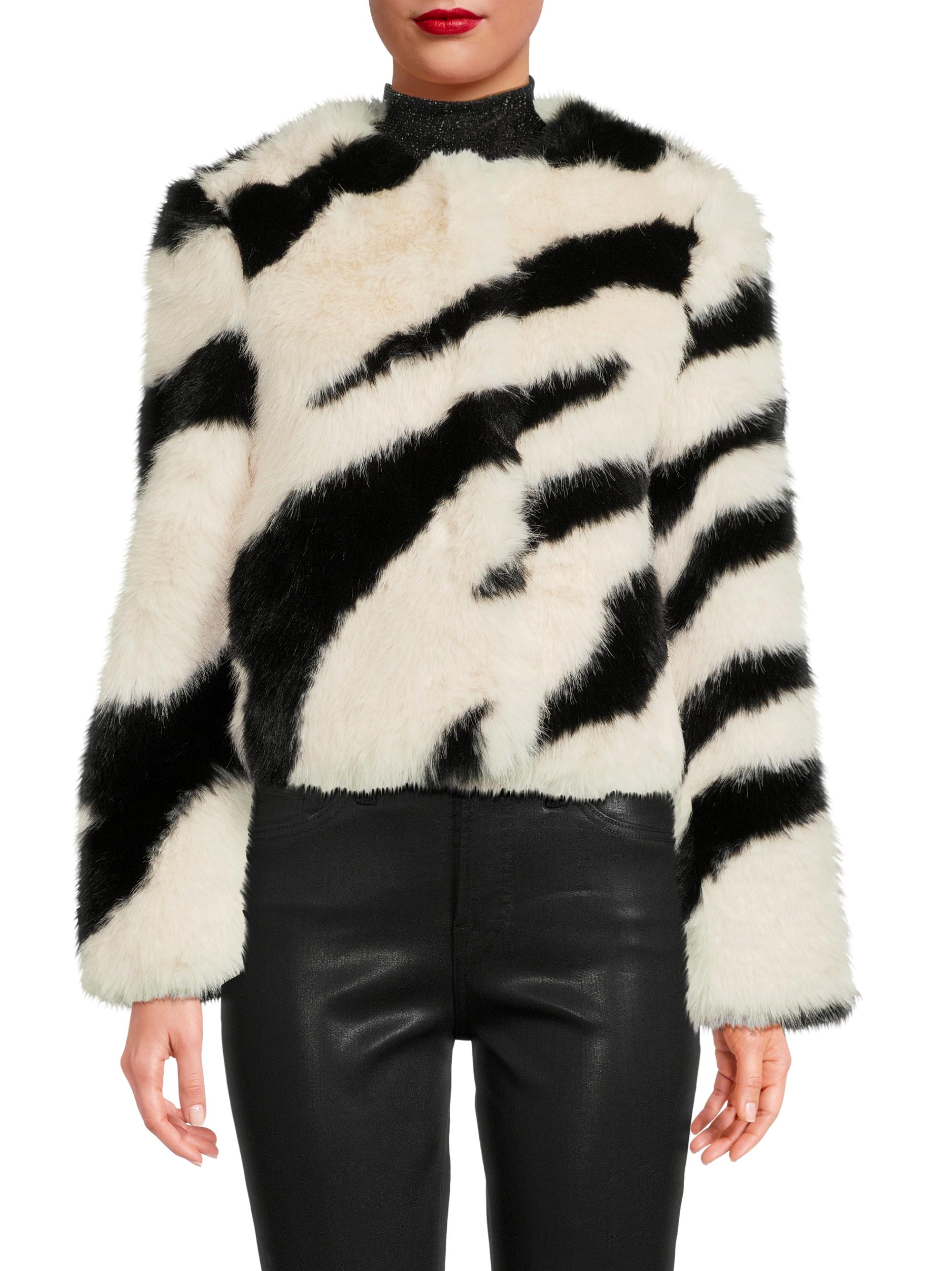 Click here for Shaci Womens Zebra-Print Faux Fur Jacket - Ivory B... prices