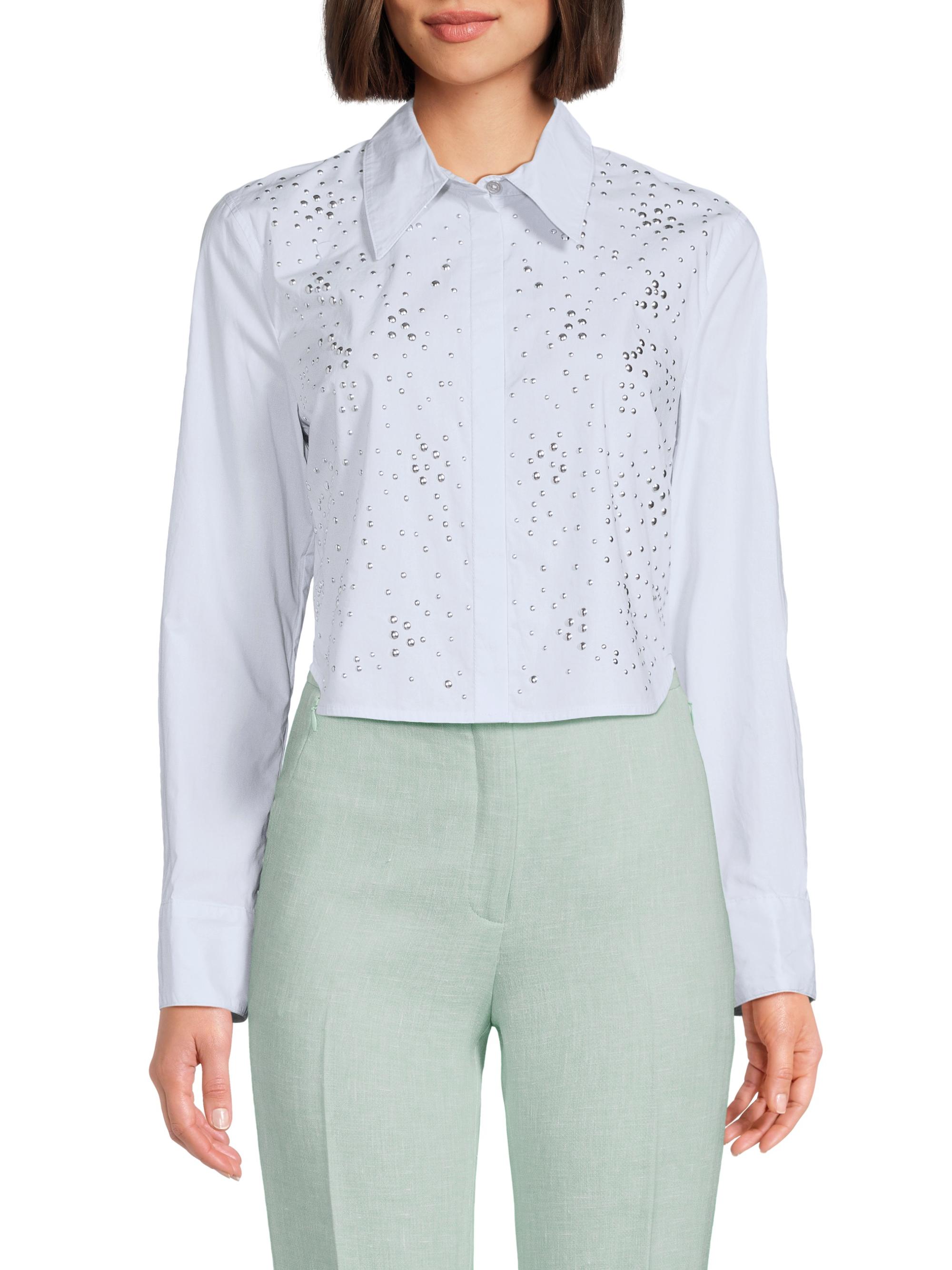 Click here for Dkny Womens Textured Cotton Crop Shirt - Powder Bl... prices