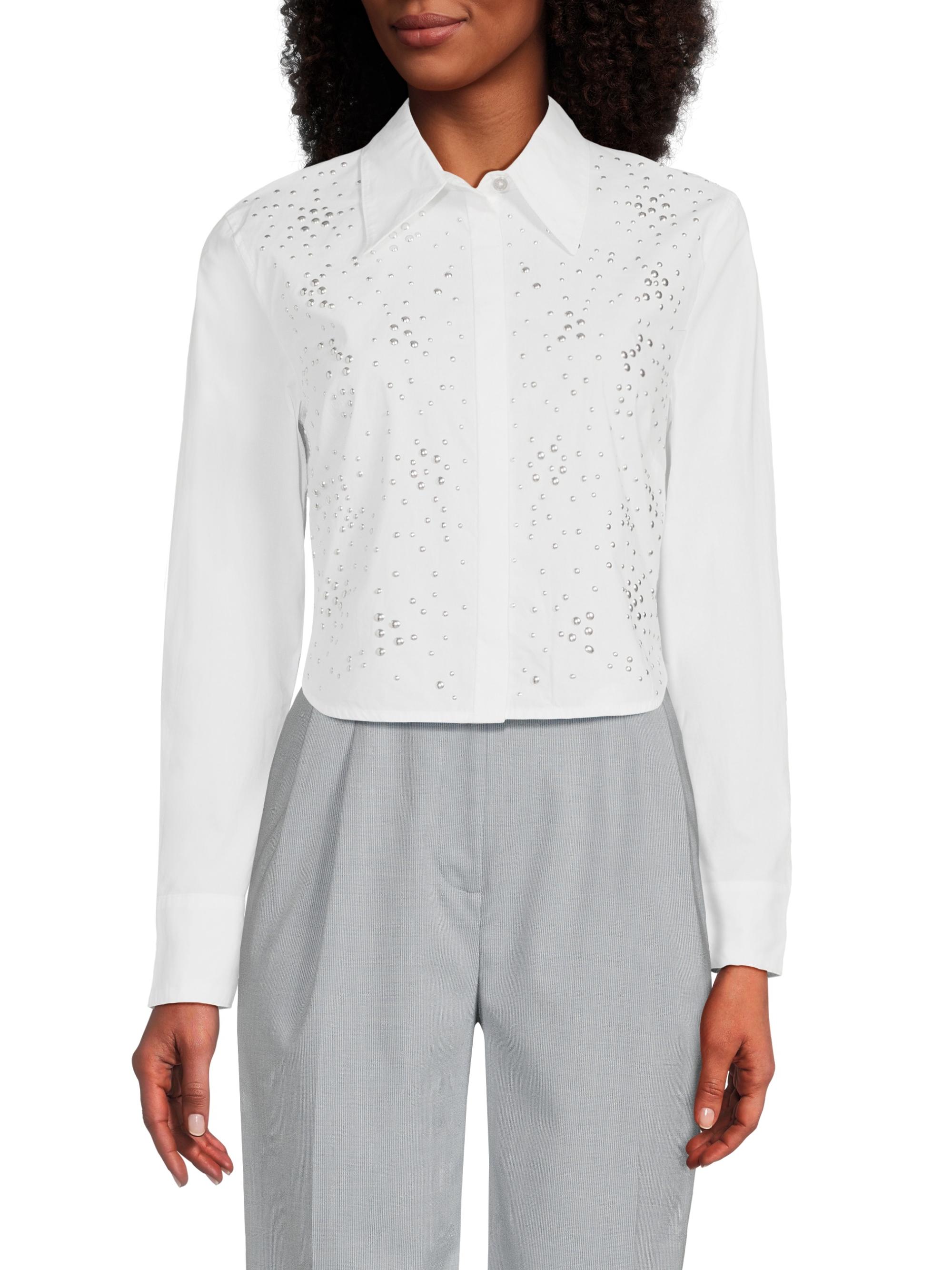 Click here for Dkny Womens Textured Cotton Crop Shirt - White - S... prices
