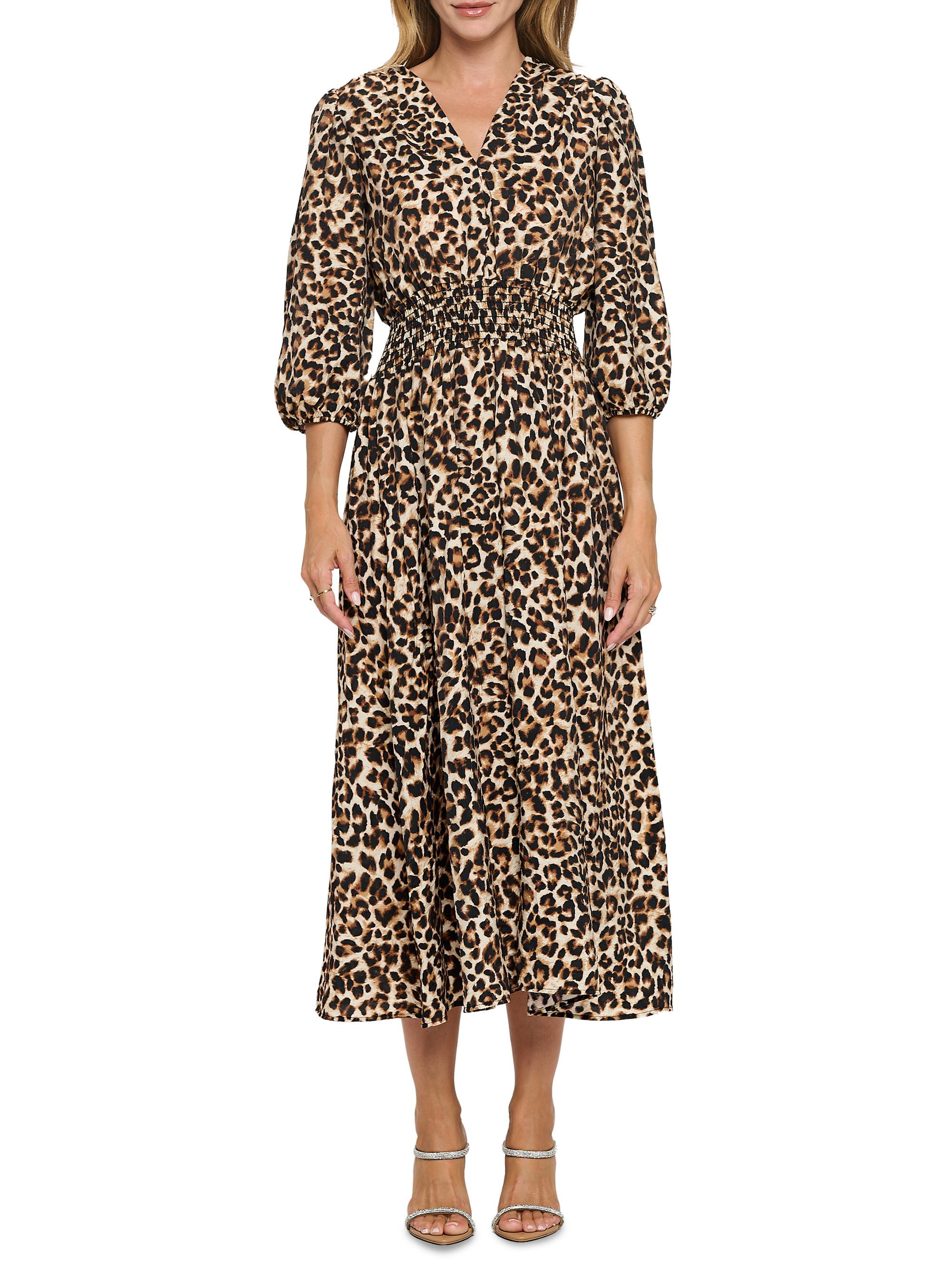 Click here for Renee C. Womens Leopard Print Smocked Midi-Dress -... prices