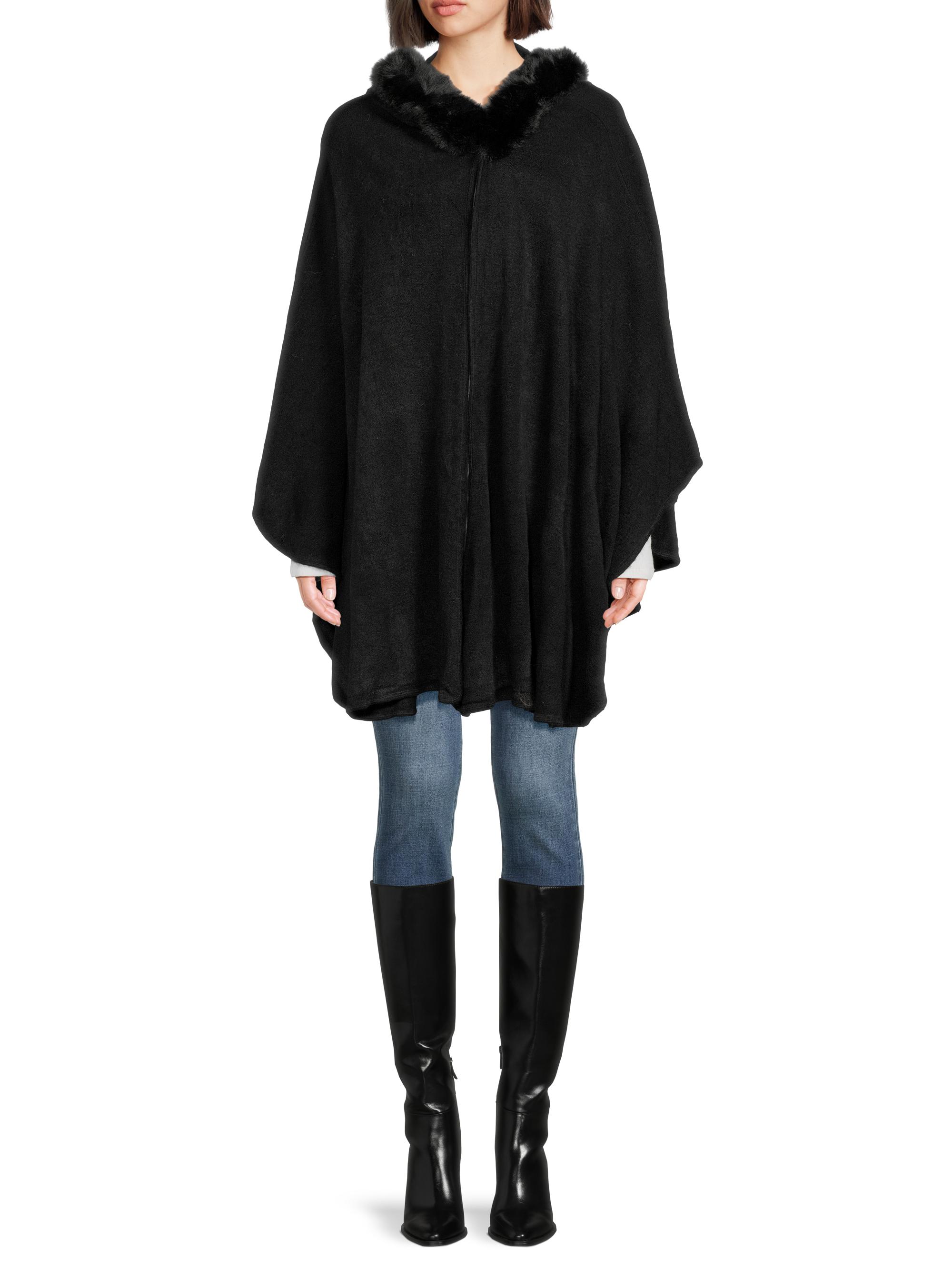 Click here for Patrizia Luca Womens Faux Fur Hooded Poncho - Blac... prices