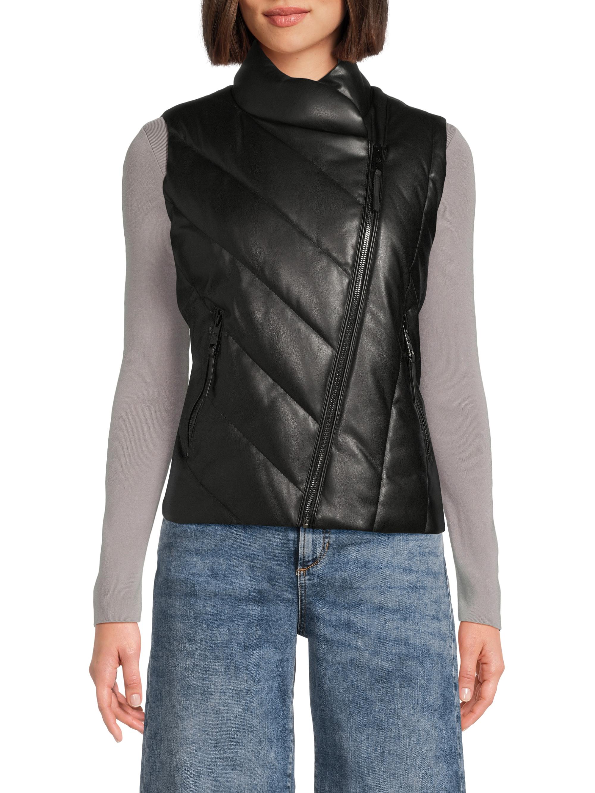 Click here for Dkny Womens Quilted Faux-Leather Vest - Black - Si... prices