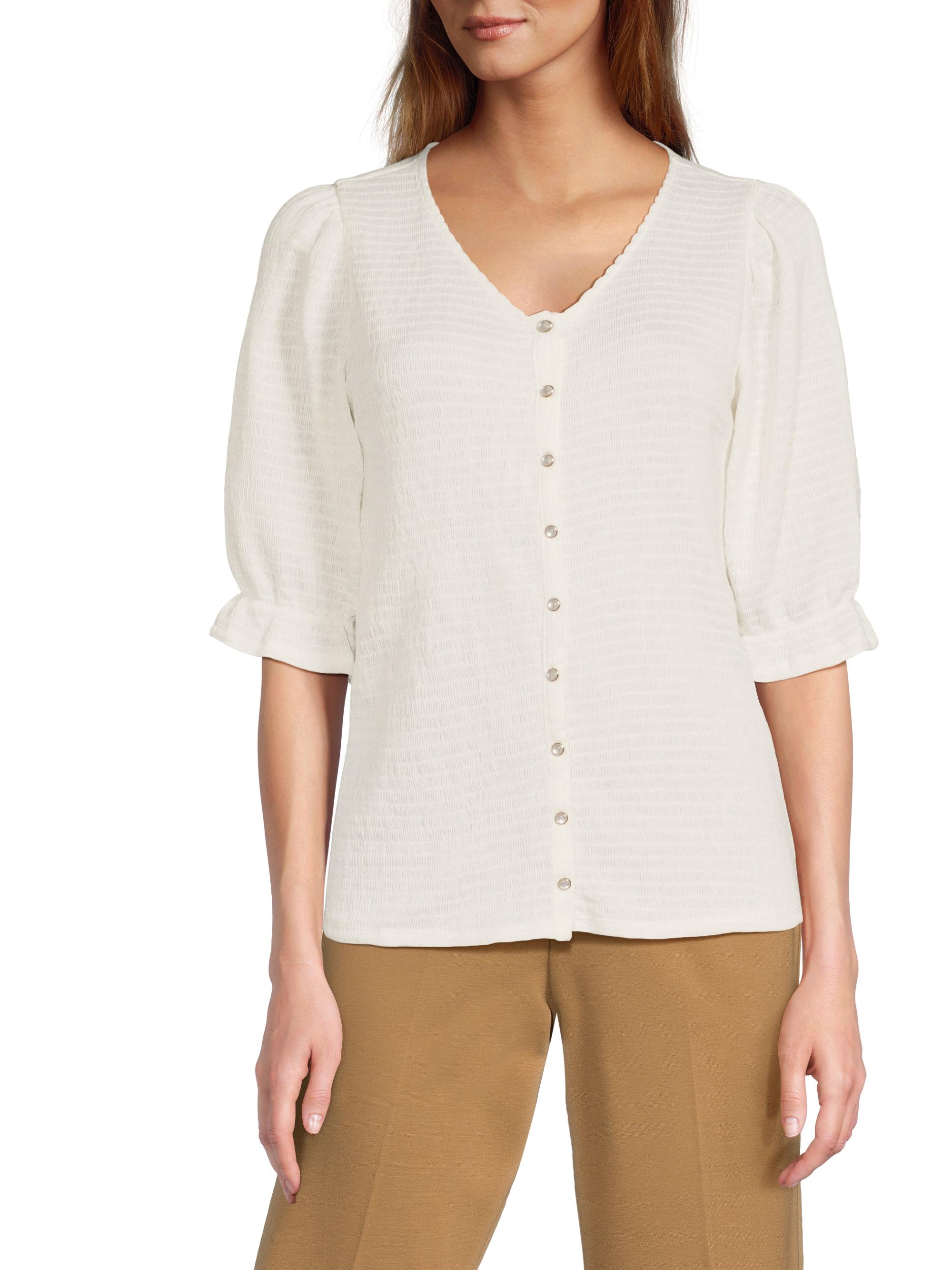 Click here for Design History Womens Textured Puff-Sleeve Top - W... prices