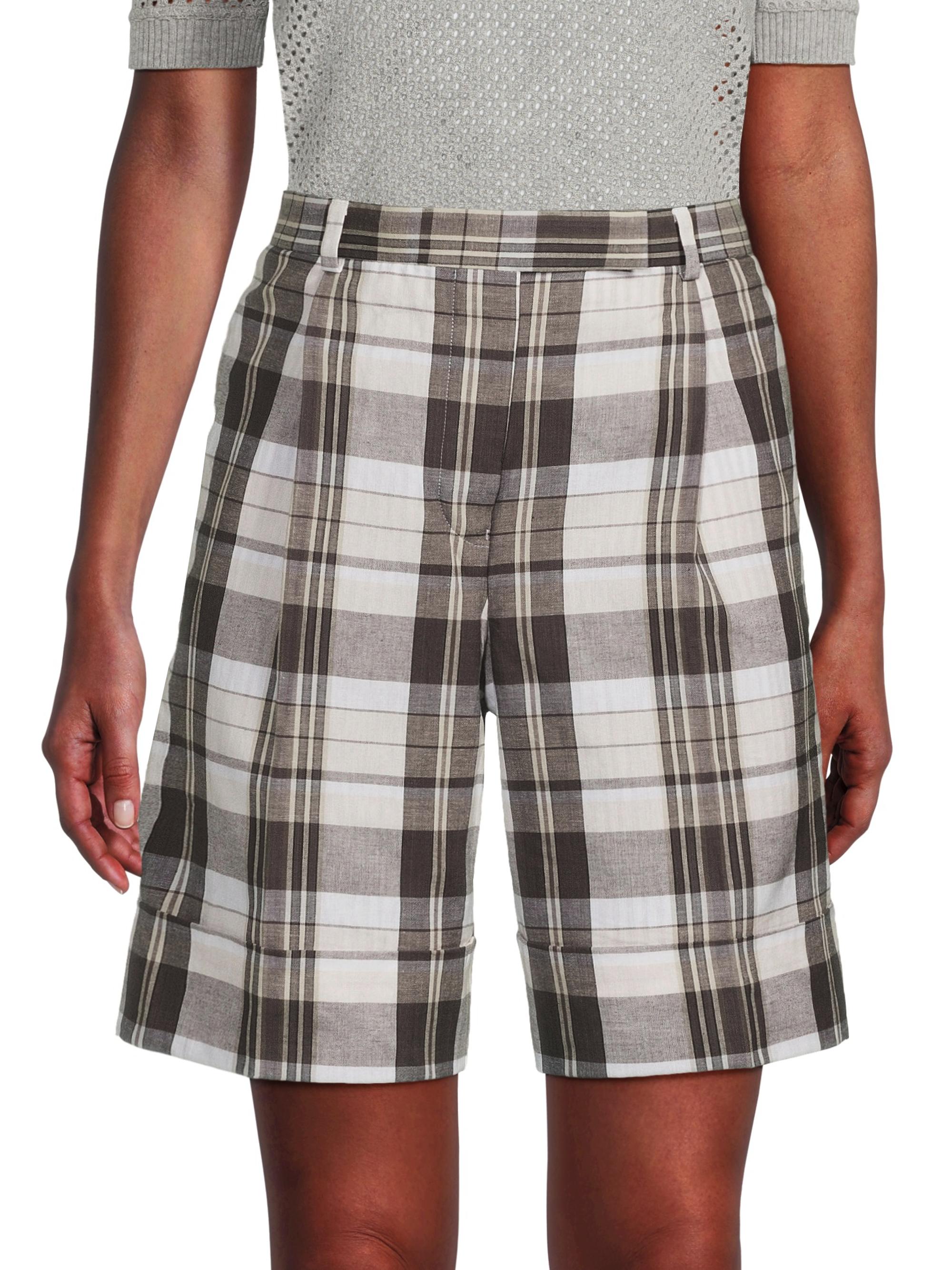 Click here for Thom Browne Womens Checked Pleated Cotton Shorts -... prices