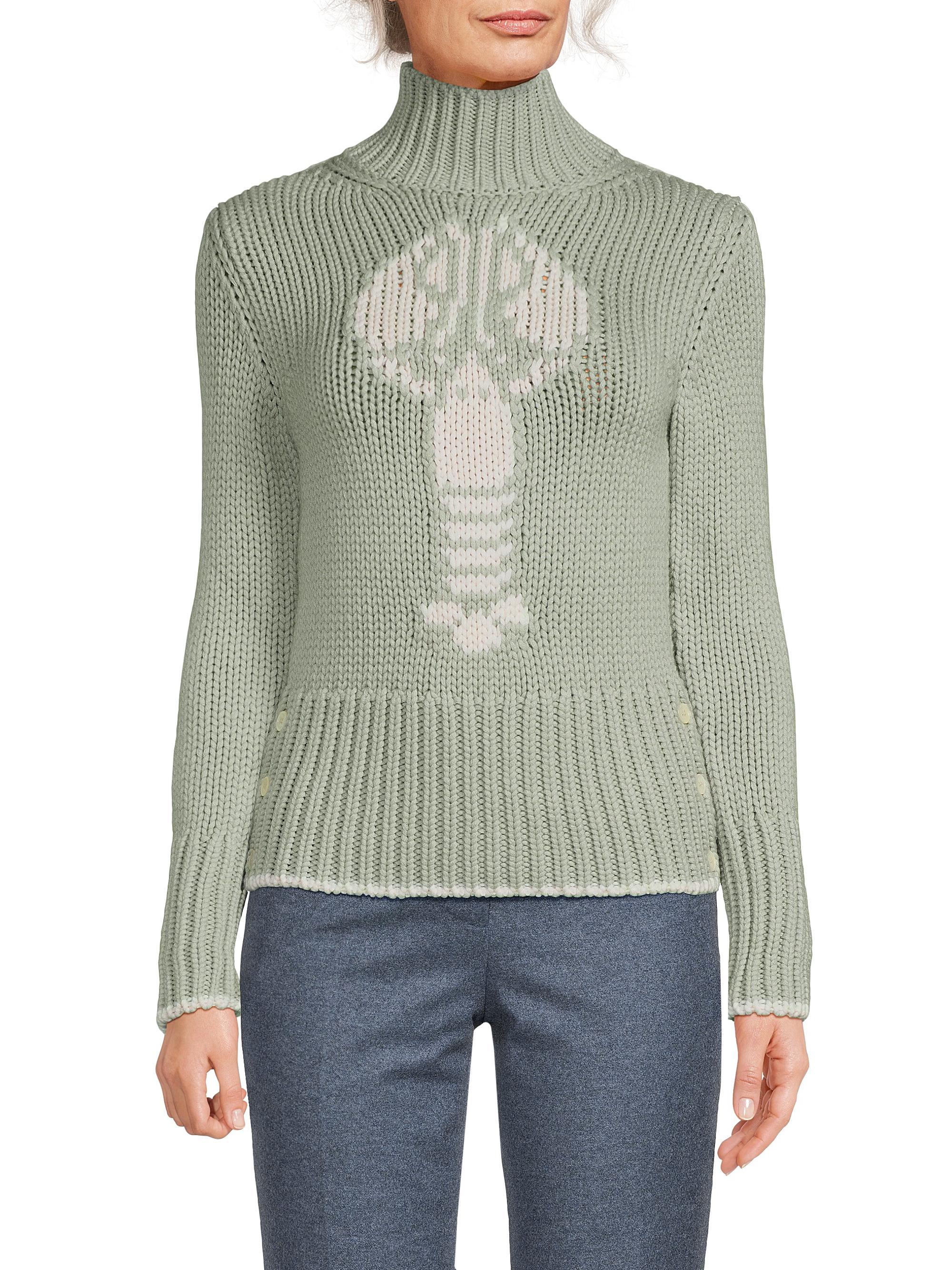 Click here for Thom Browne Womens Highneck Graphic Sweater - Gree... prices