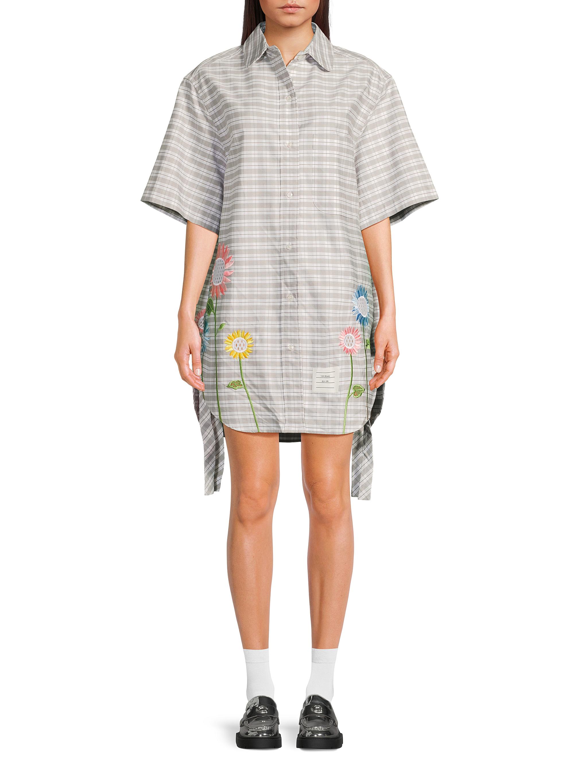 Click here for Thom Browne Womens Plaid Embroidered Mini Shirtdre... prices