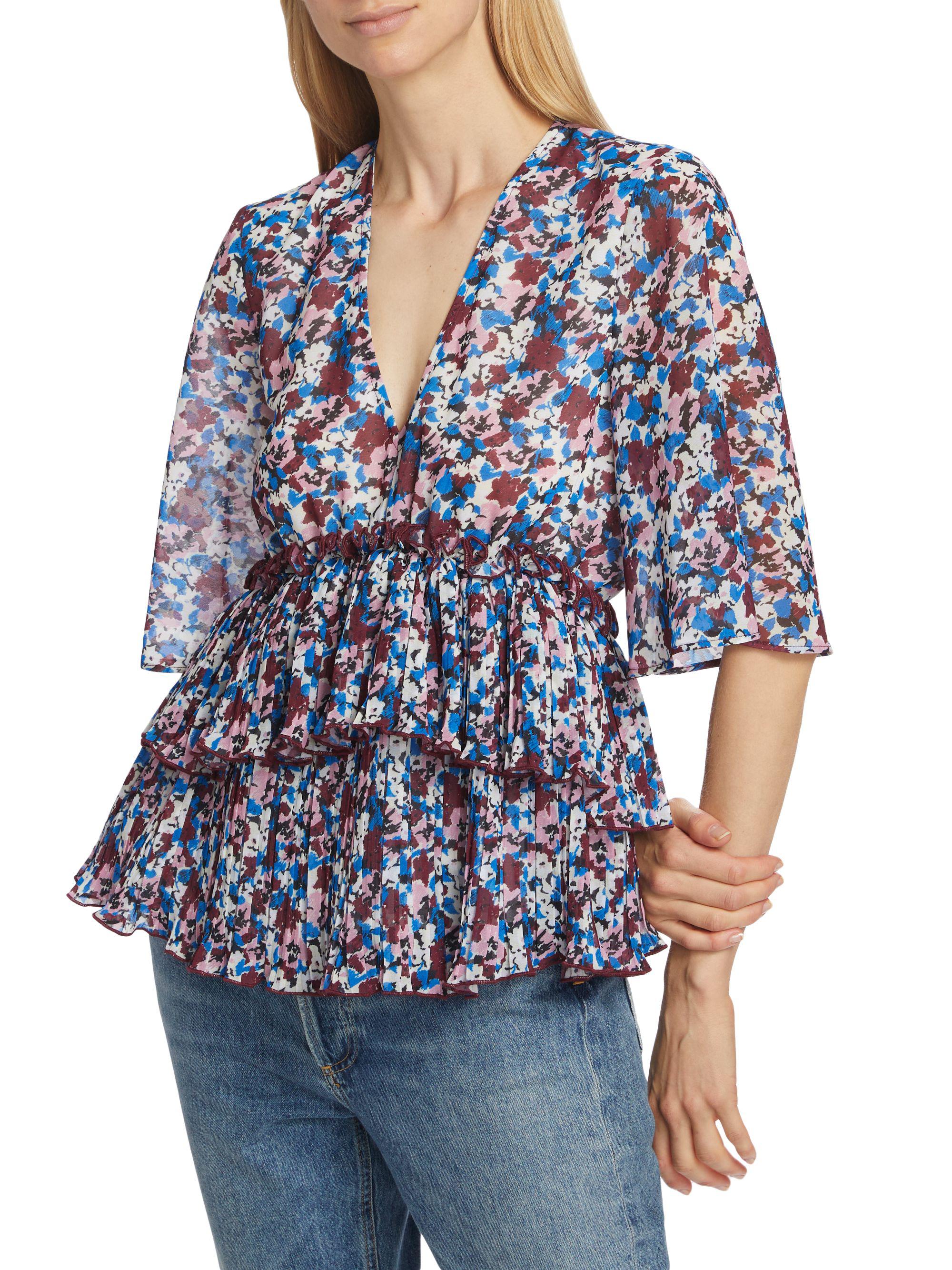 Click here for Ganni Womens Tiered Printed Georgette Blouse - Blu... prices