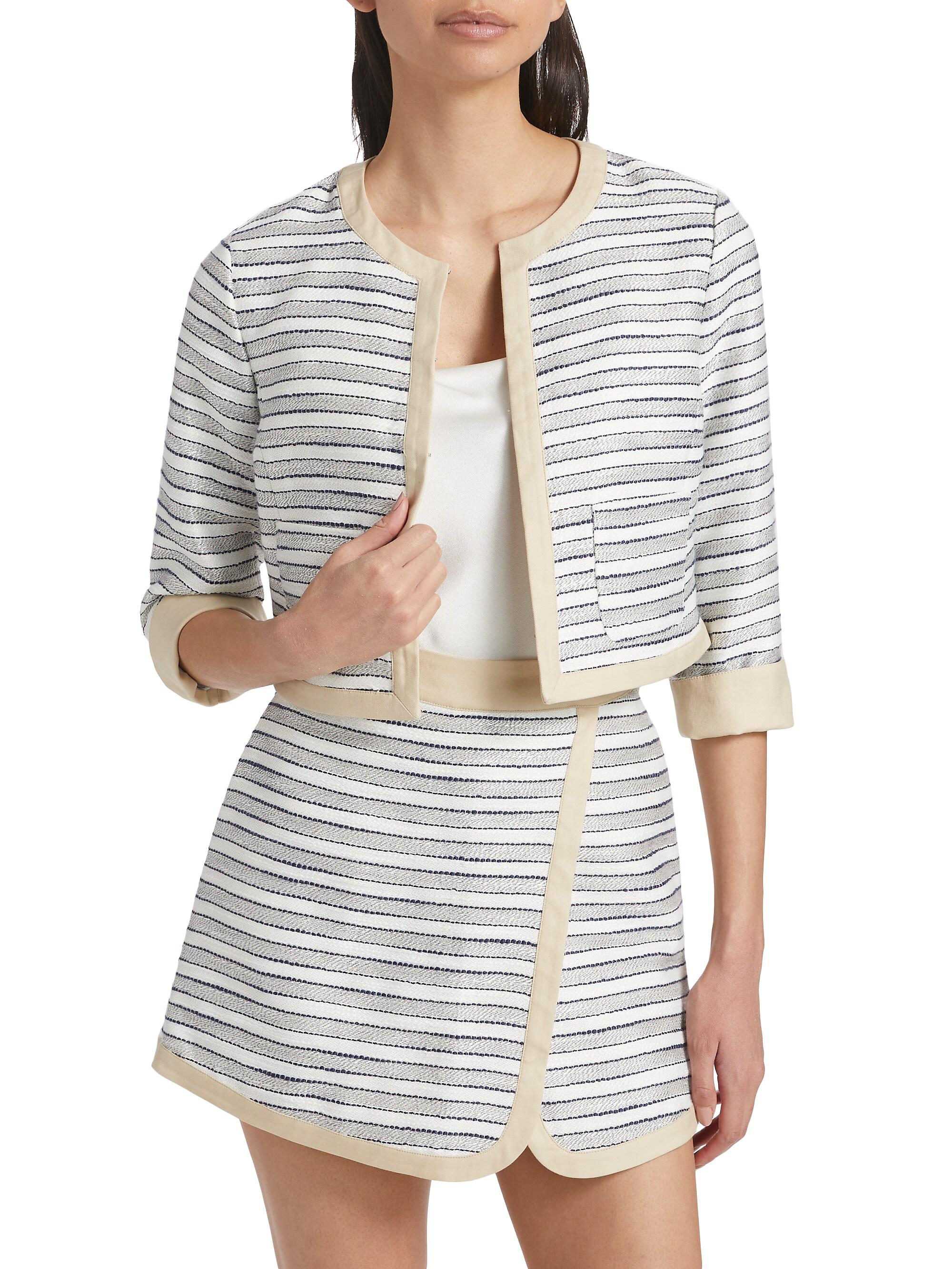 If Only Studio Womens Striped Tweed Crop Jacket - Blue White - Size 0