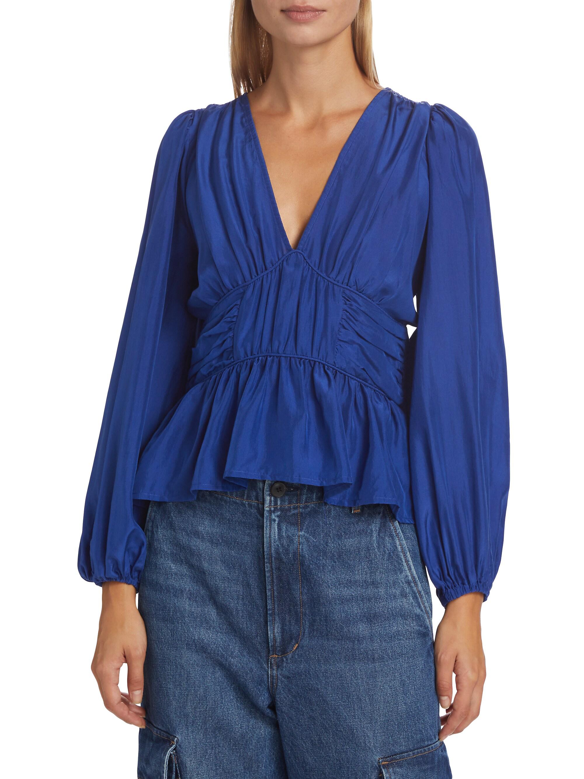 Click here for Sea Womens Fabiola Silk Ruched Blouse - Cobalt - S... prices