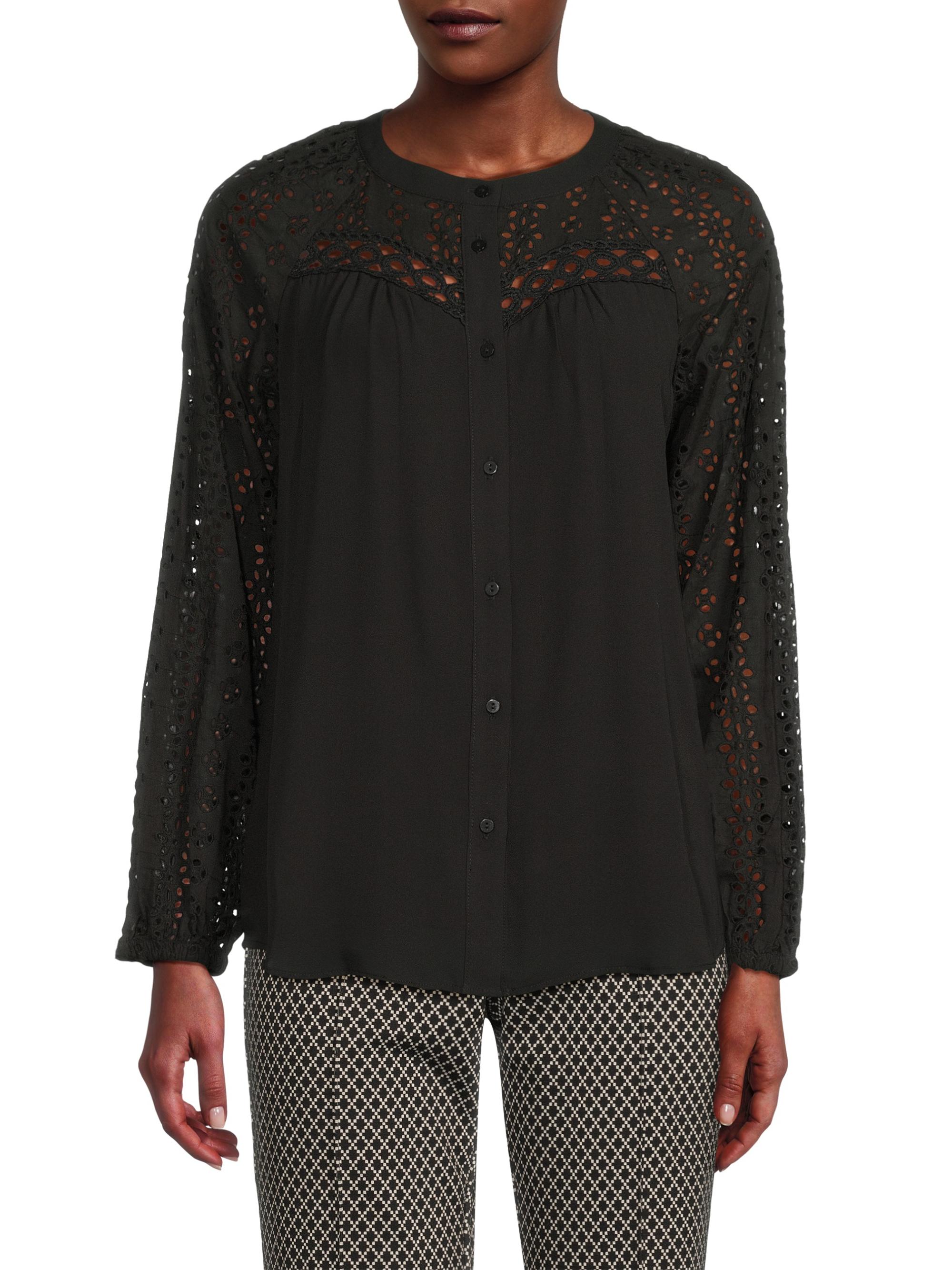 Click here for T Tahari Womens Schiffli Shirt - Black - Size S prices