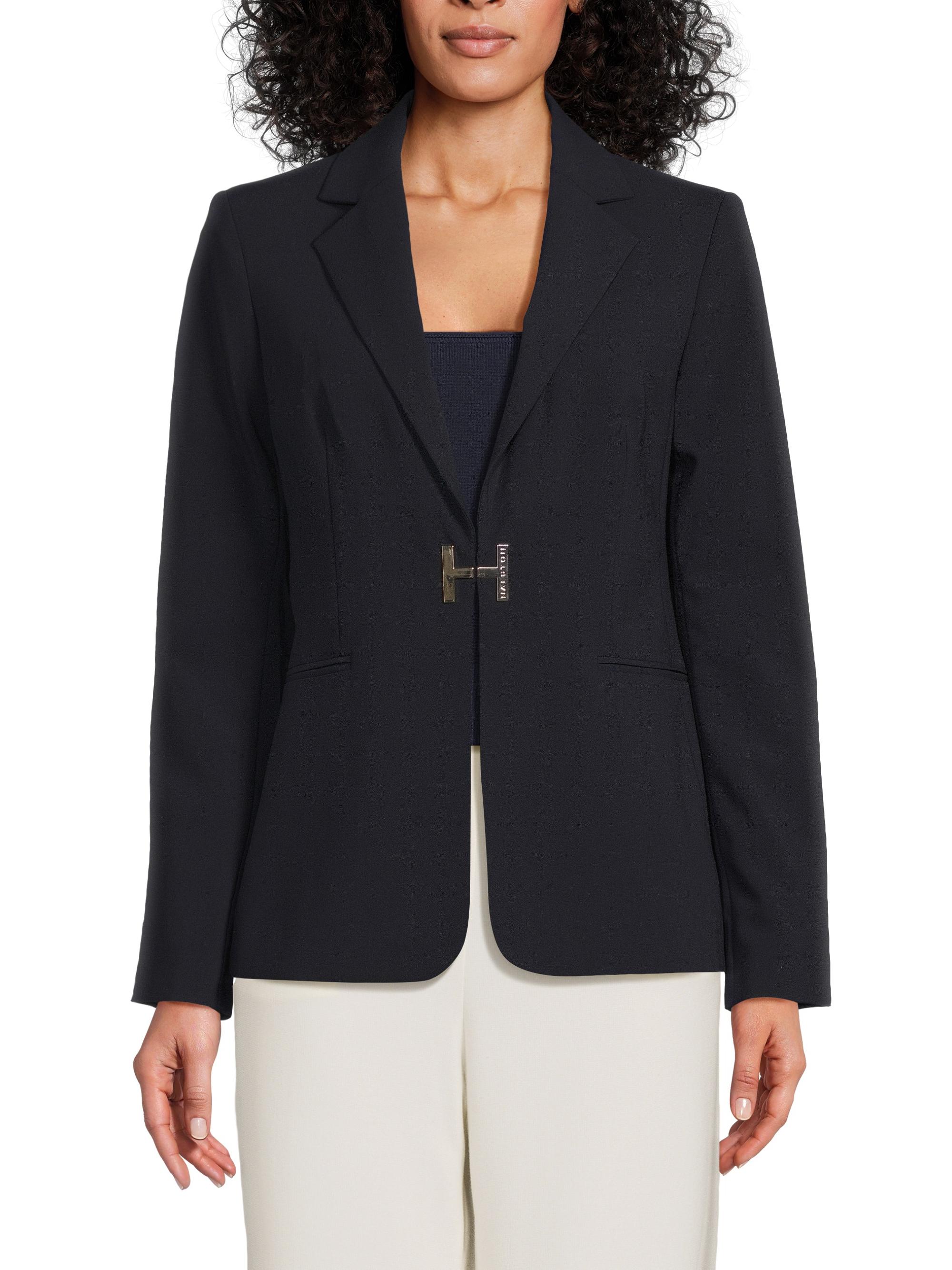 Click here for Halston Womens H-Logo Hook-Front Blazer - Marine -... prices